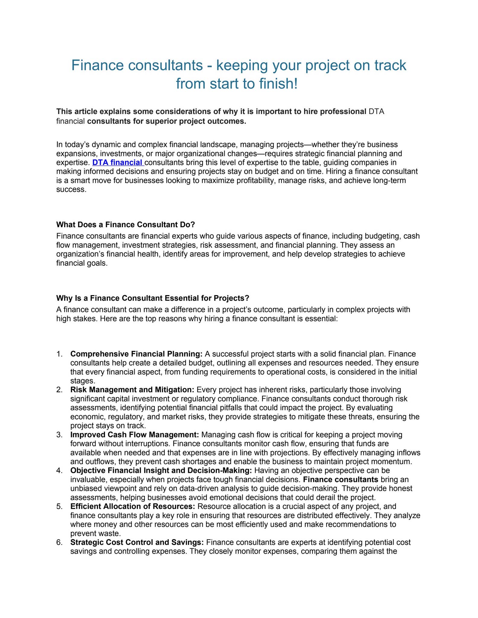 Finance consultants - keeping your project on track from start to ...