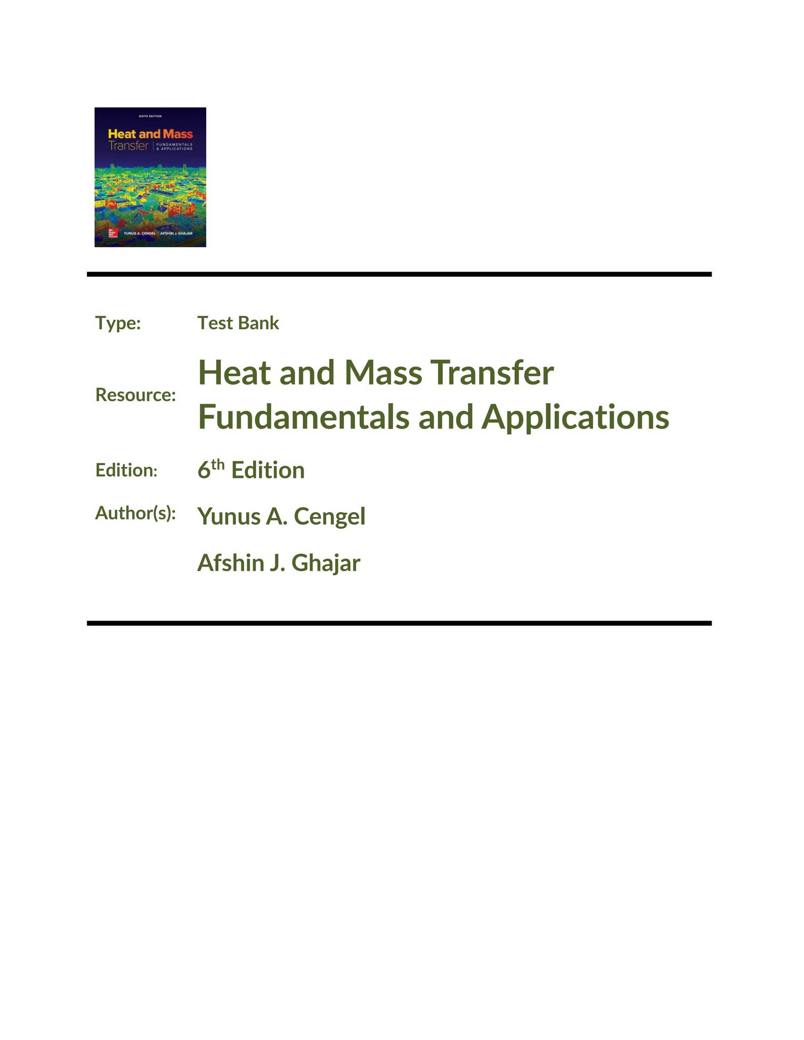 Heat and Mass Transfer Fundamentals and Applications 6th Edition Test ...