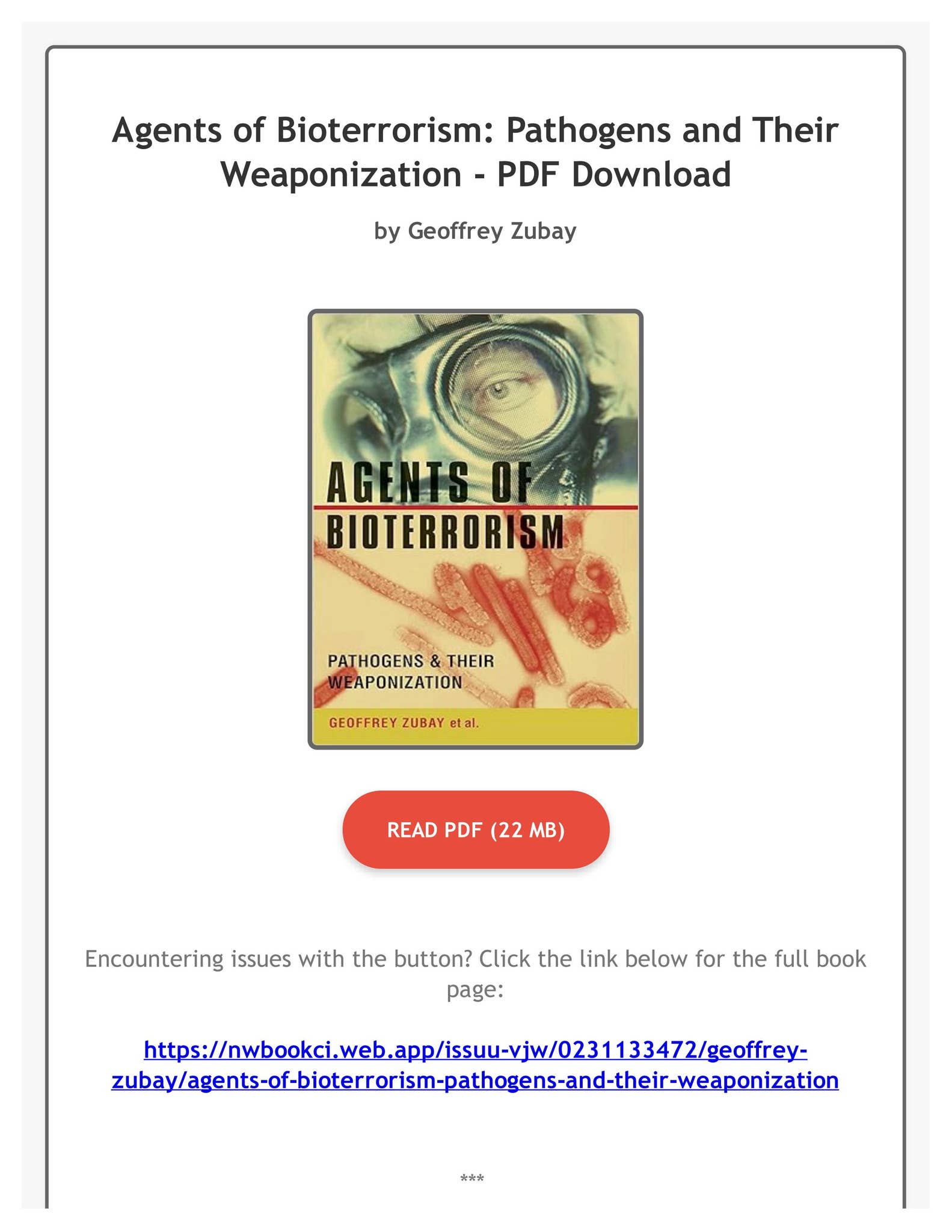 PDF PDF Agents of Bioterrorism: Pathogens and Their Weaponization by Geoffrey Zubay by ...