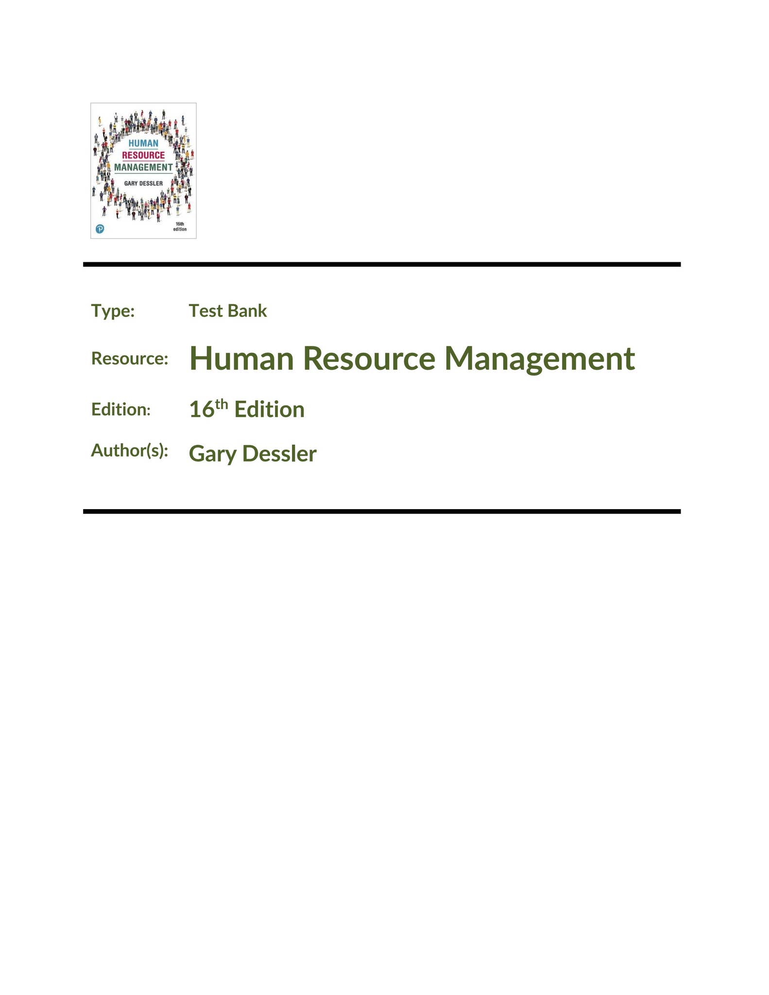 Human Resource Management, 16th edition Gary Dessler Test Bank by ...
