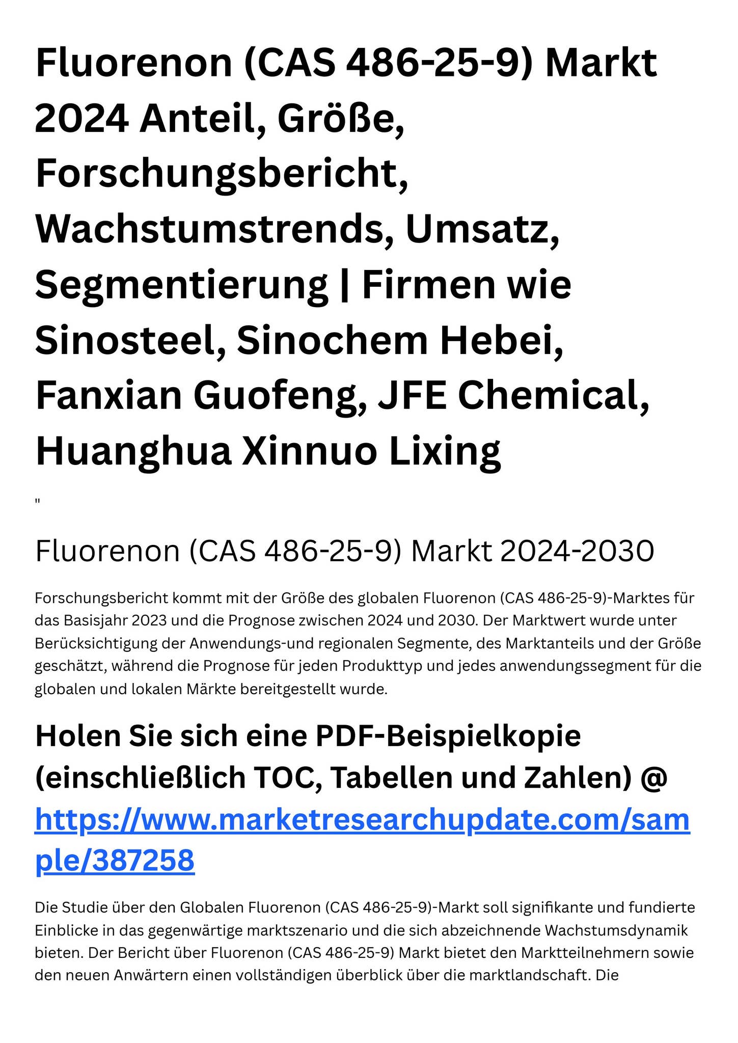 Fluorenon (CAS 486-25-9) Markt 2024 Anteil, Größe, Forschungsbericht ...