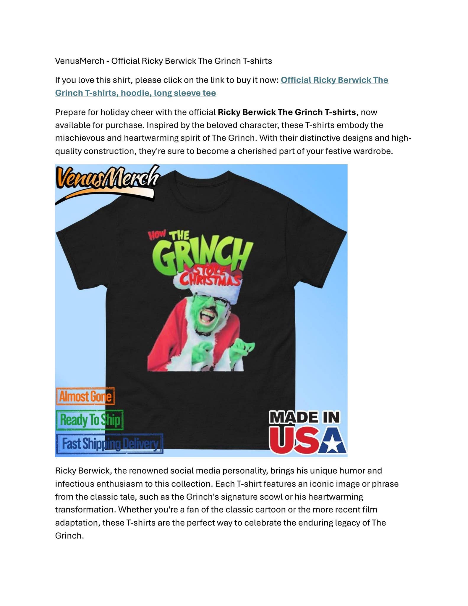 VenusMerch - Official Ricky Berwick The Grinch T-shirts by Venus Merch ...