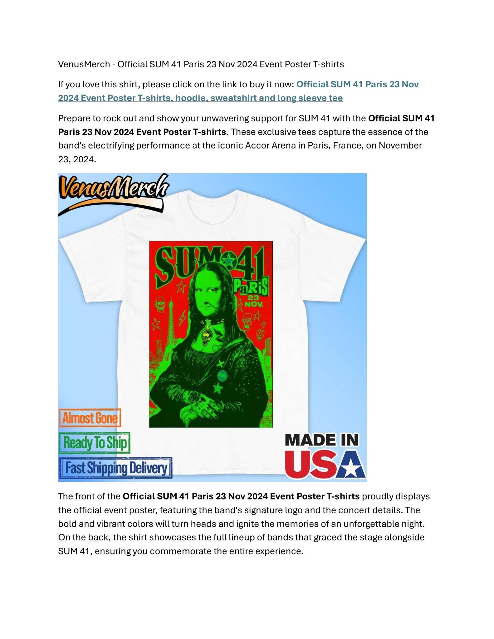 VenusMerch - Official SUM 41 Paris 23 Nov 2024 Event Poster T-shirts by Venus Merch - Issuu