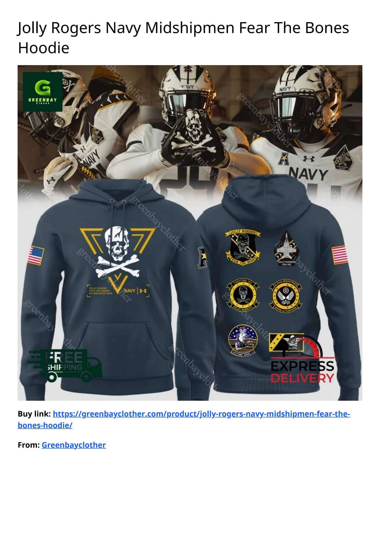 Jolly Rogers Navy Midshipmen Fear The Bones Hoodie by Tonytees Store ...