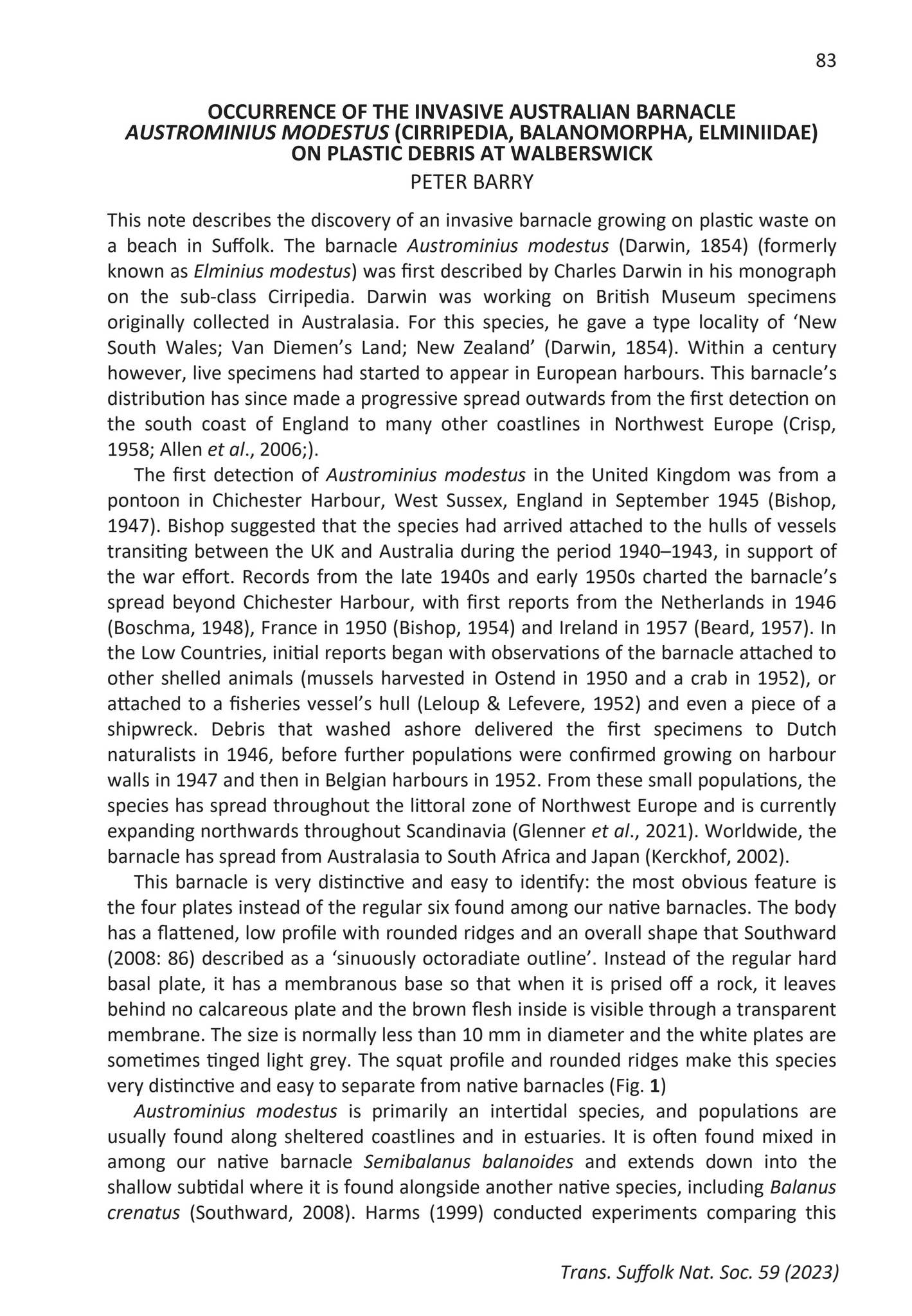 Occurrence of the invasive Australian barnacle Austrominius modestus ...