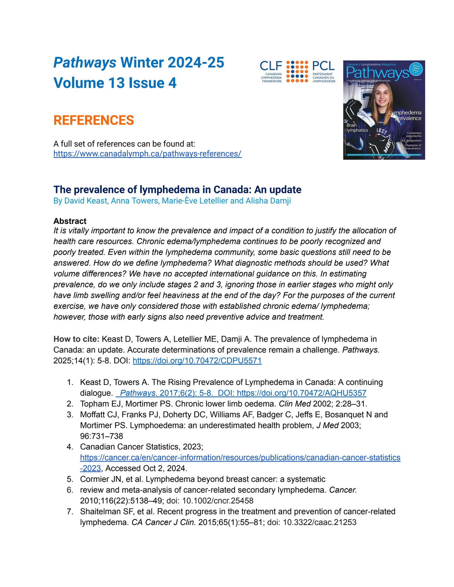 Winter Pathways 2024-25 (Volume 14, Issue 1) REFERENCES by Canadian Lymphedema Framework - Issuu