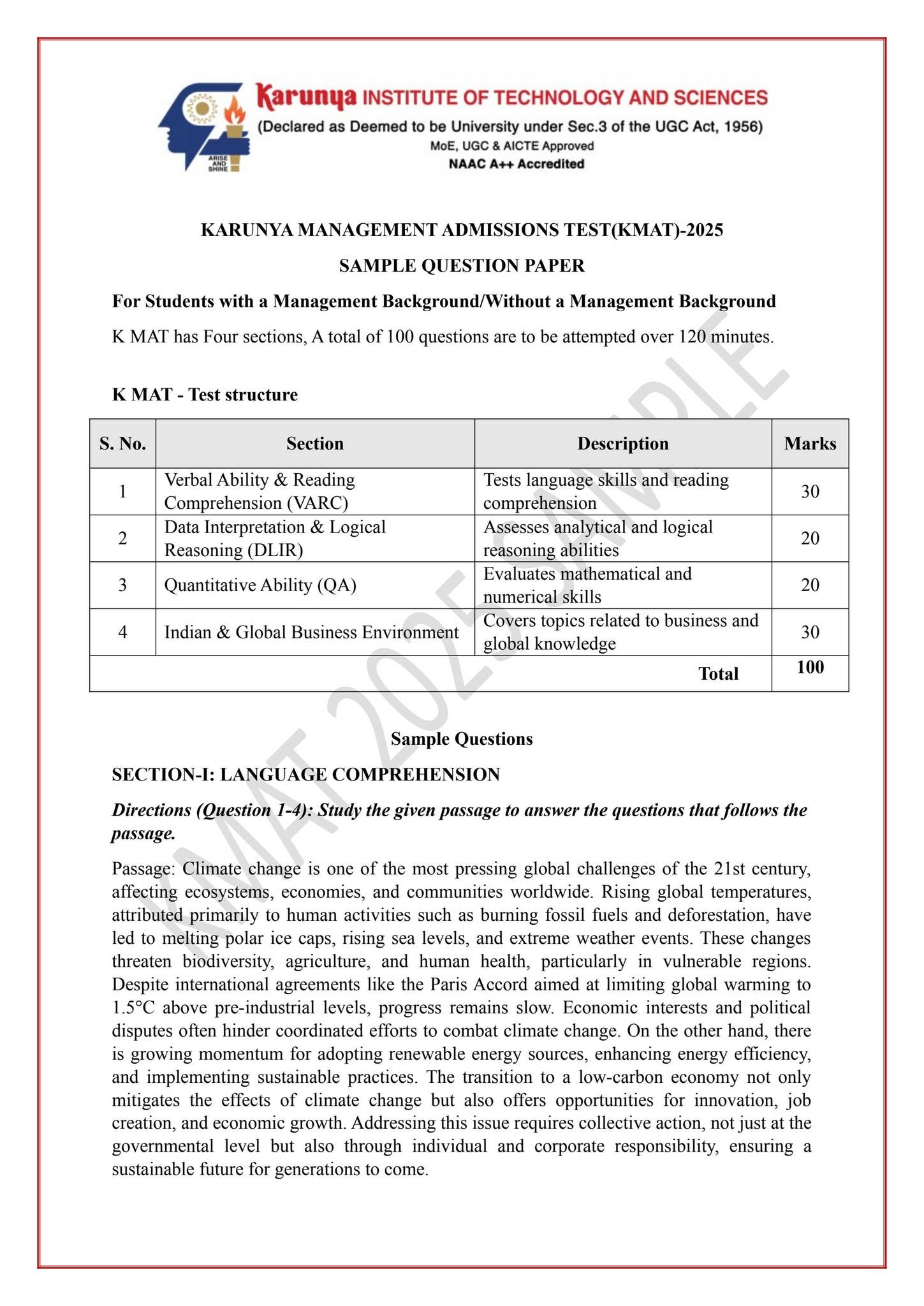 KMAT 2025 - Sample Model Question Paper by Karunya Institute of ...