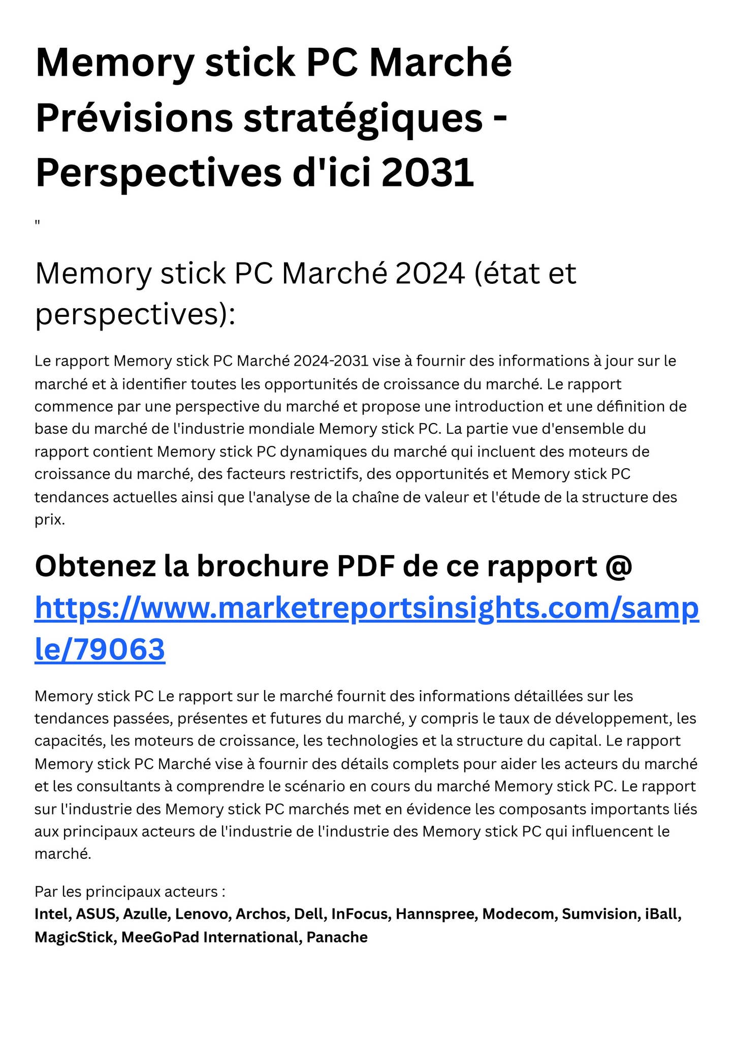 Memory stick PC Marché Prévisions stratégiques - Perspectives d'ici ...