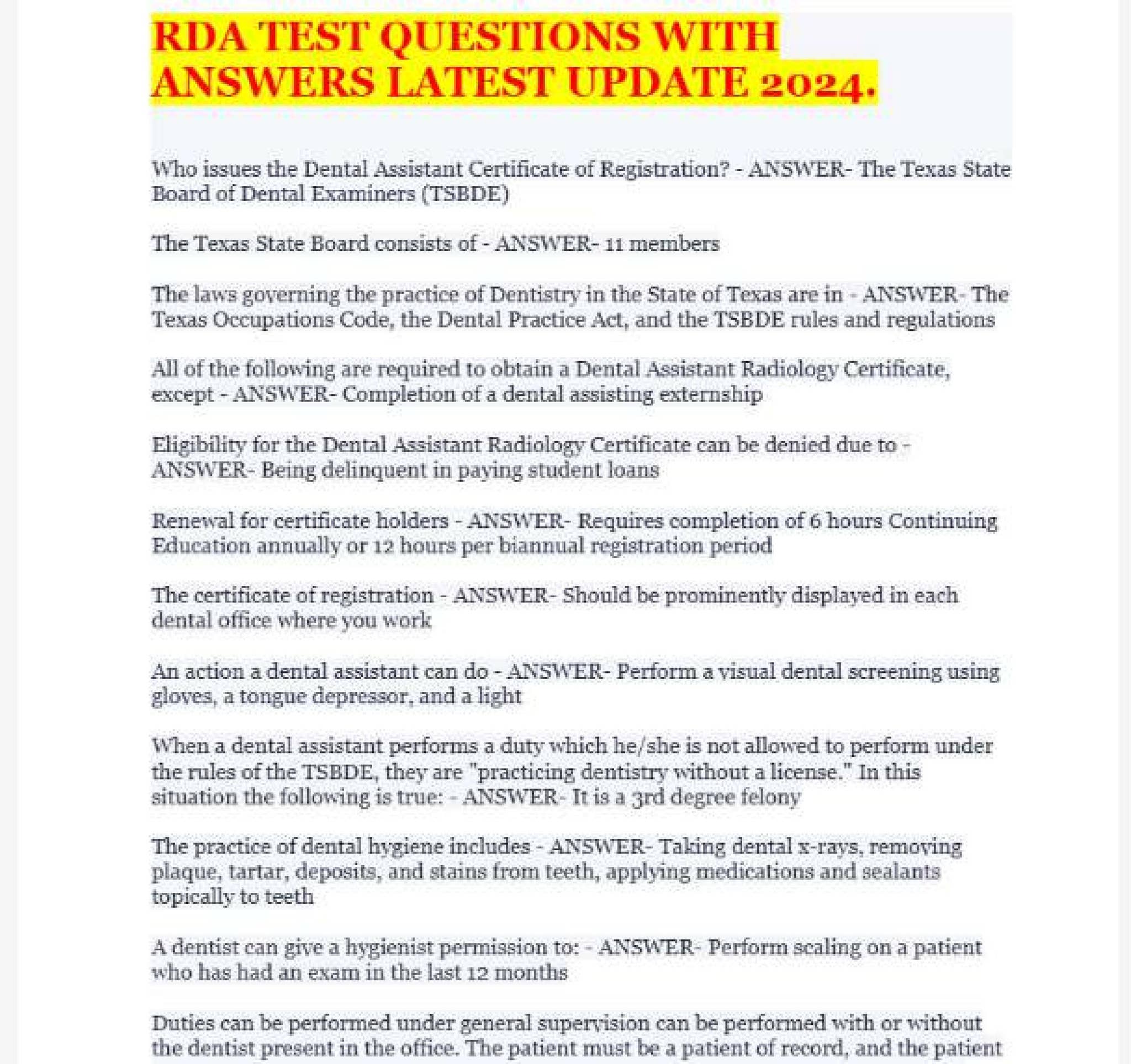 RDA TEST 2024 WITH DETAILED QUESTIONS AND ANSWERS LATEST UPDATE by ...