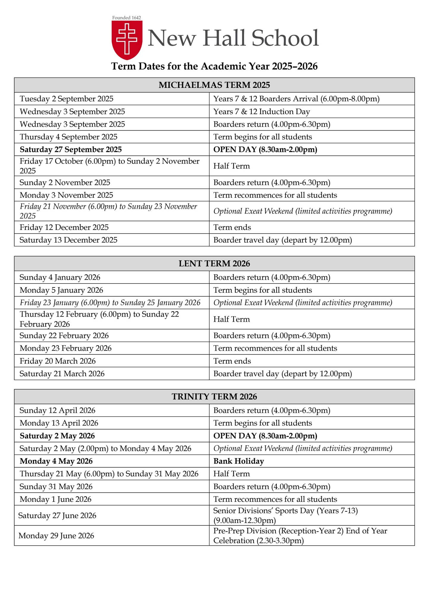 Term Dates for 2025-2026 by New Hall School - Issuu