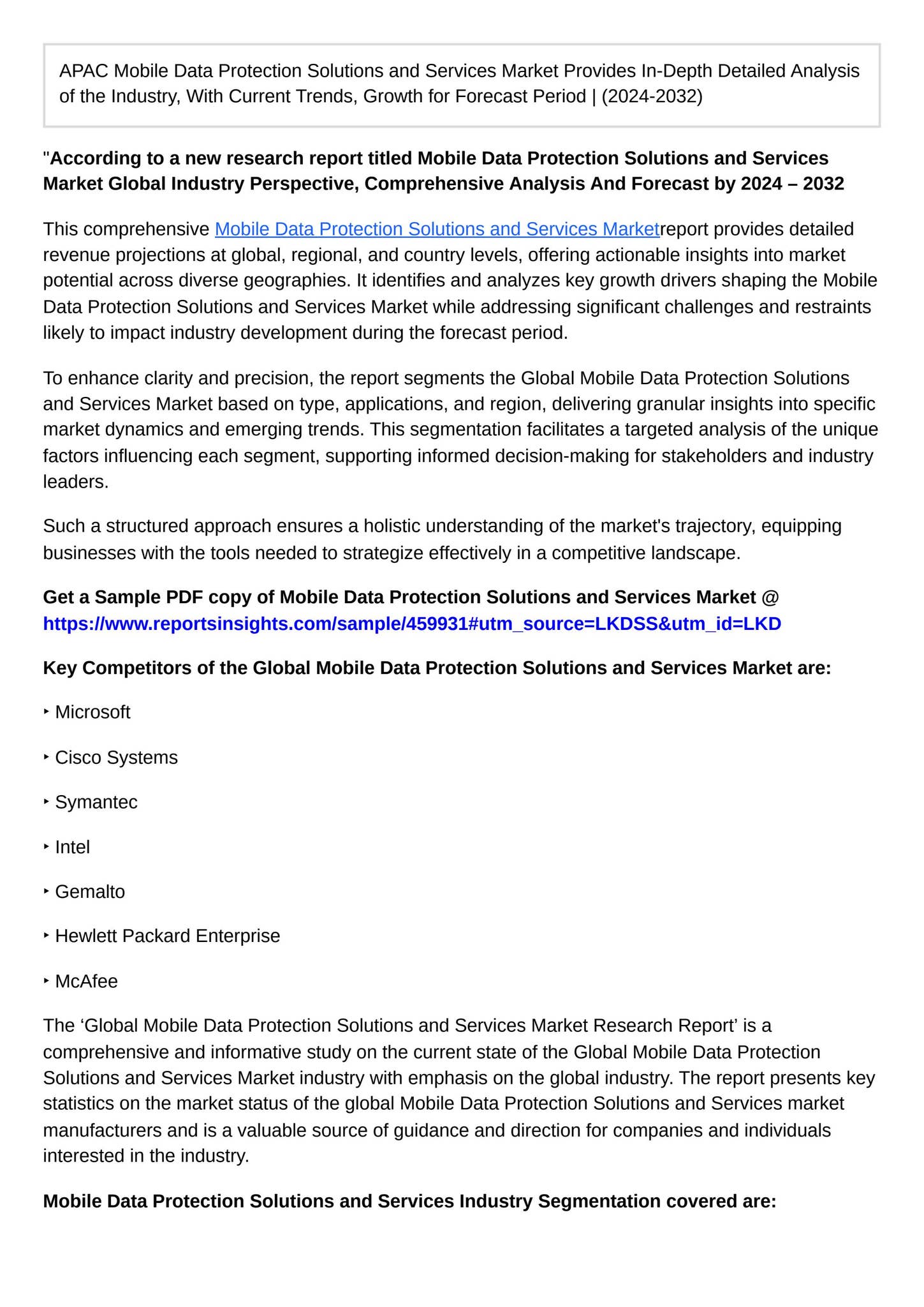 APAC Mobile Data Protection Solutions and Services Market Provides In ...