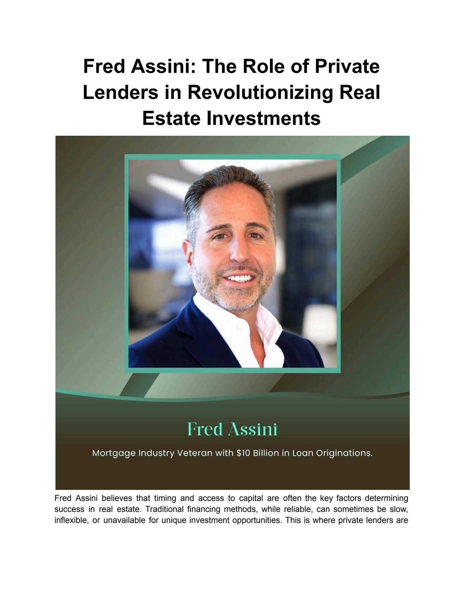 Fred Assini_ The Role of Private Lenders in Revolutionizing Real Estate InvestmentsFred Assini ...
