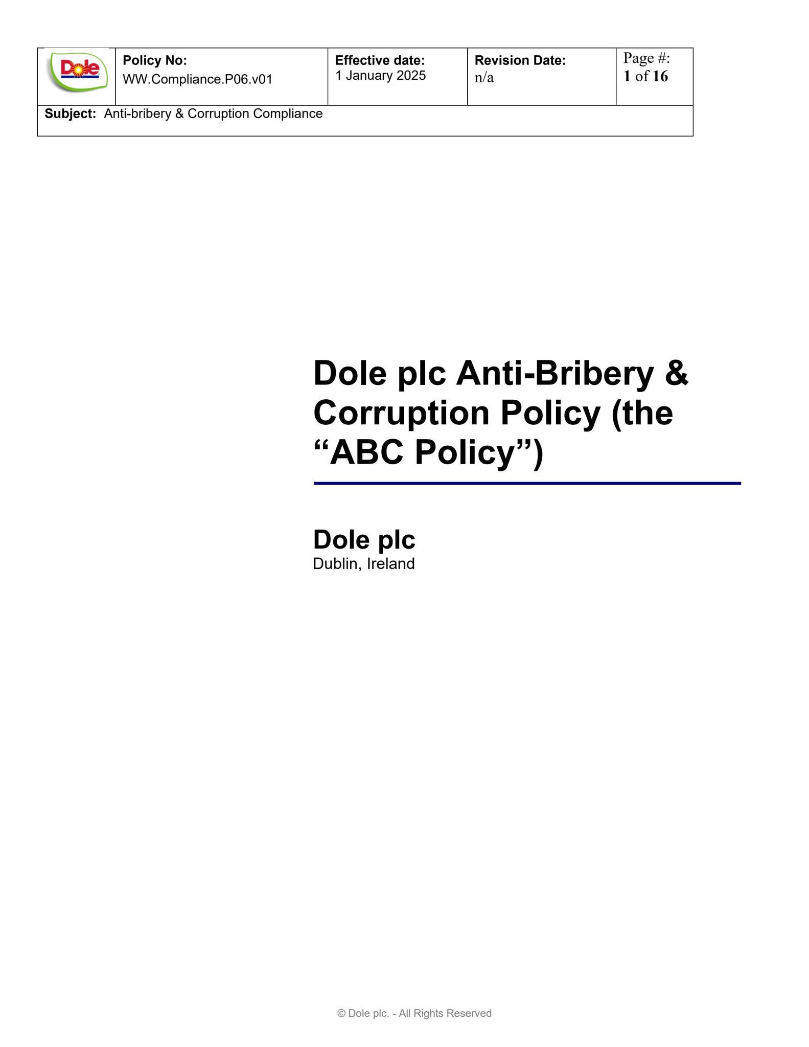 Dole plc Anti-Bribery & Corruption Policy (the “ABC Policy”) by Dole ...