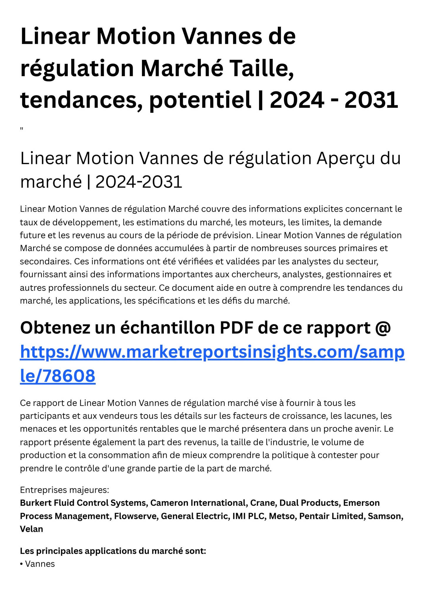 Linear Motion Vannes de régulation Marché Taille, tendances, potentiel ...