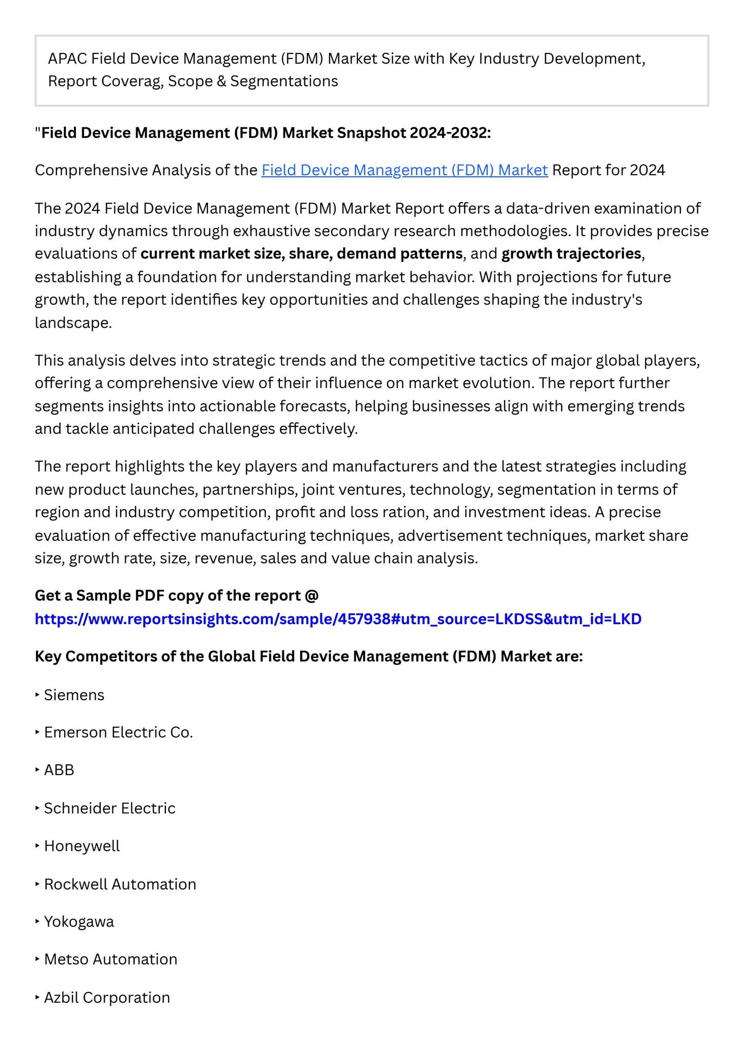 APAC Field Device Management (FDM) Market Size with Key Industry ...