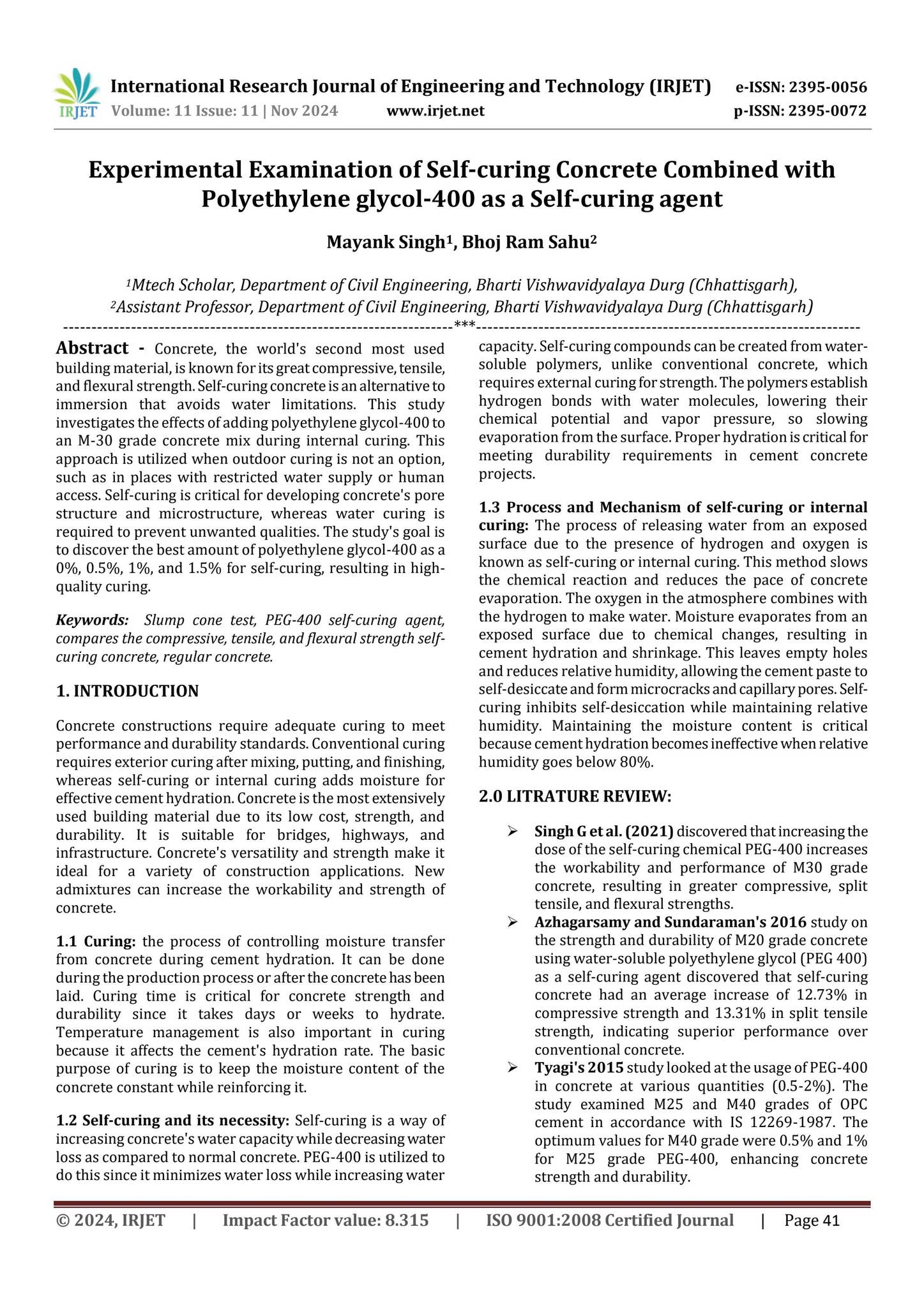 Experimental Examination of Self-curing Concrete Combined with ...