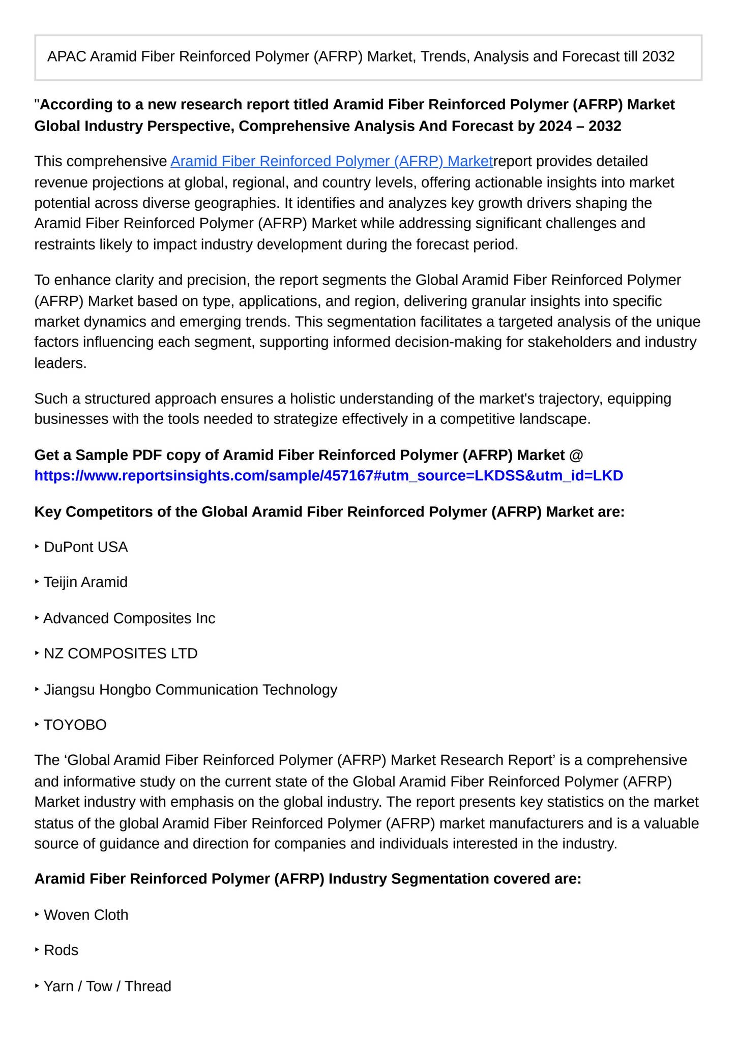 APAC Aramid Fiber Reinforced Polymer (AFRP) Market, Trends, Analysis ...