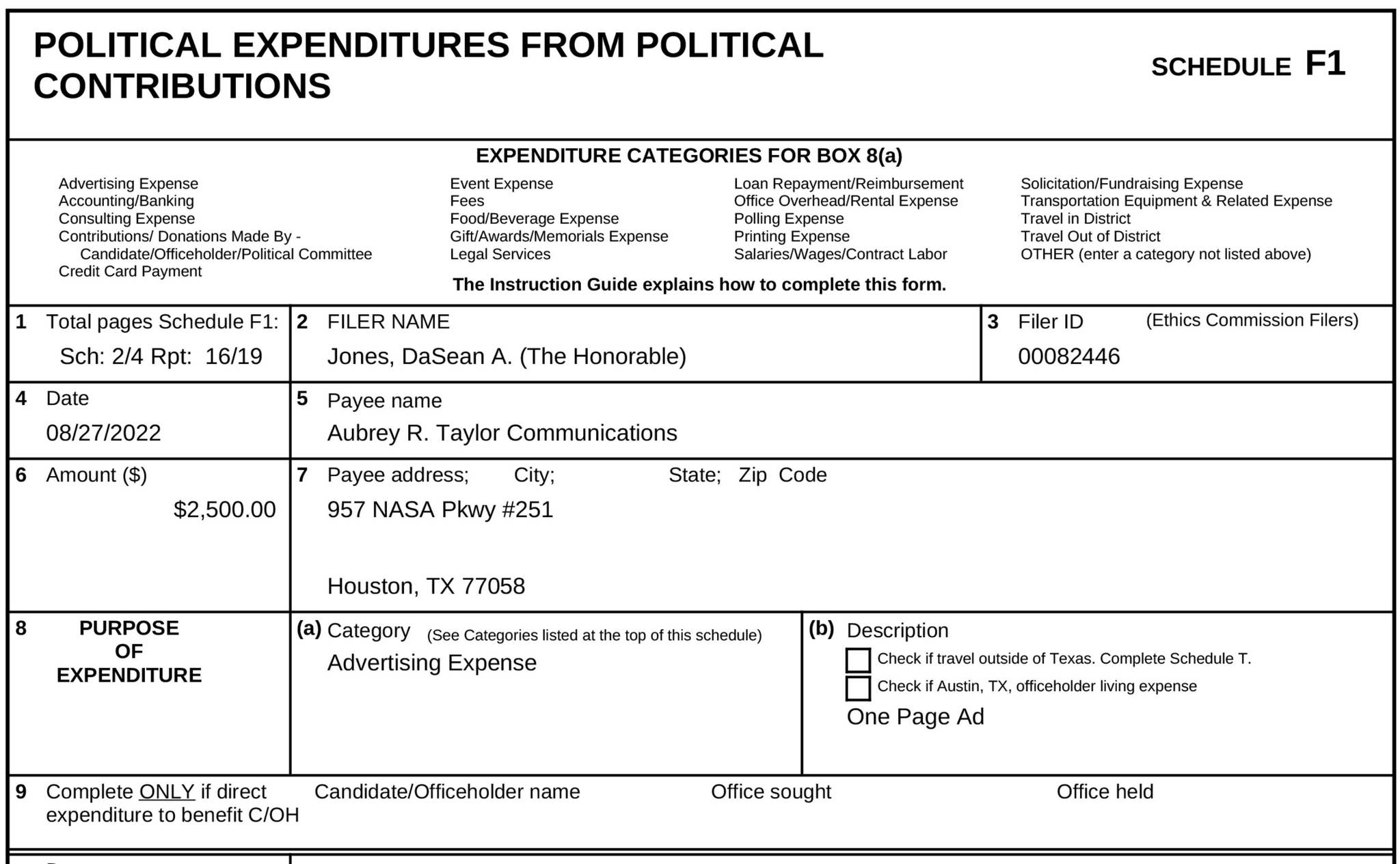 8-27-2022 - DaSean Jones Paid Aubrey R Taylor Communications - 2,500 ...