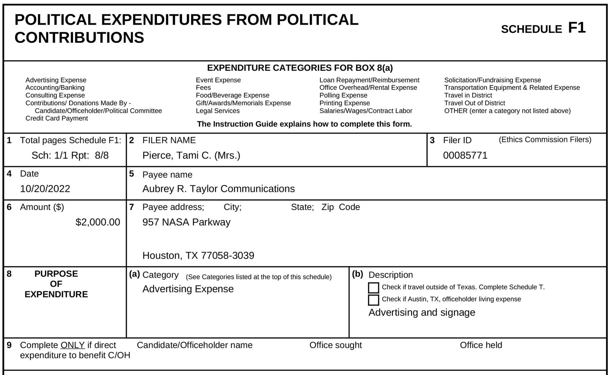 10-20-2022 - Tami Pierce Paid Aubrey R Taylor Communications 2,000 ...