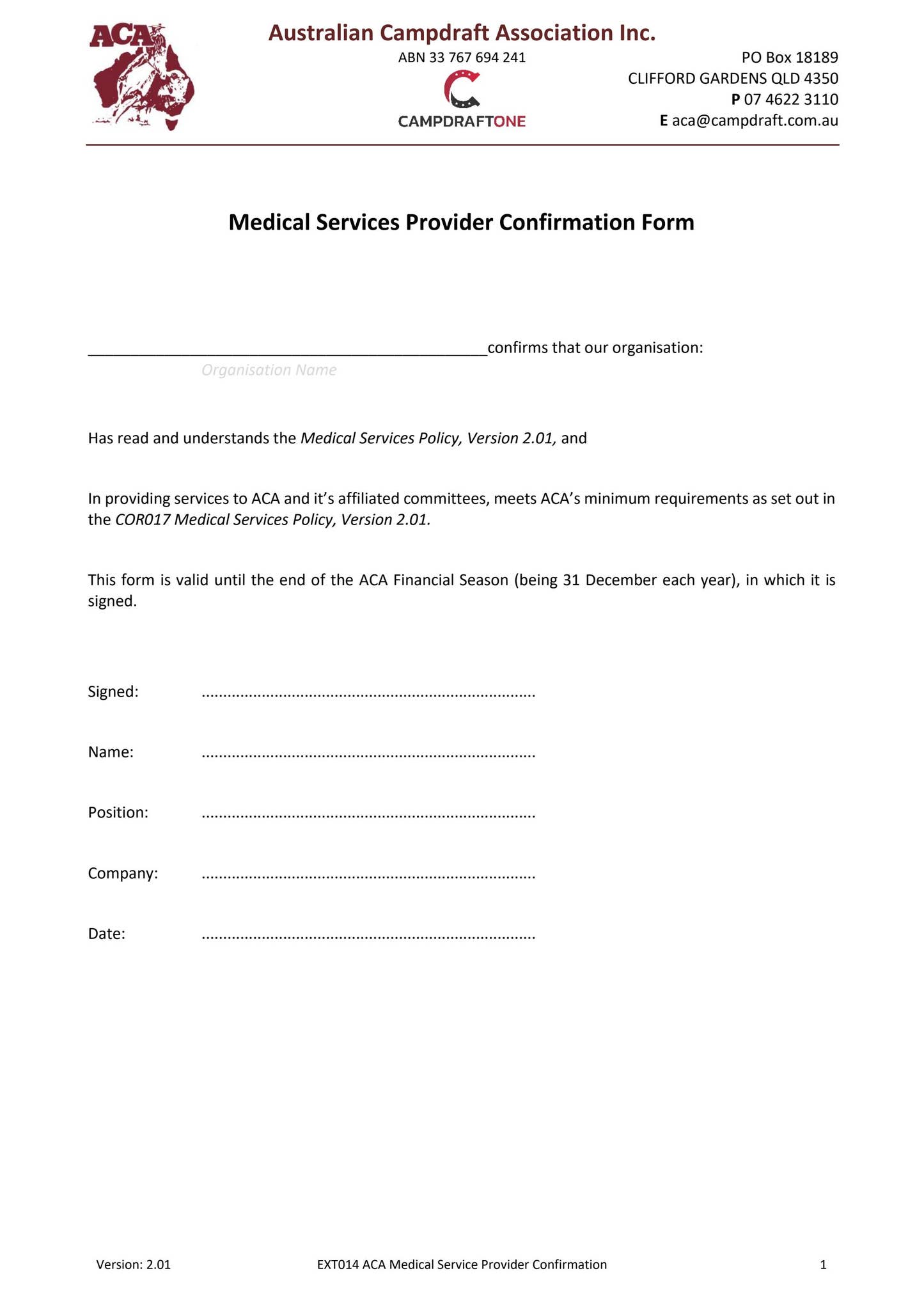 EXT014 ACA Medical Service Provider Confirmation by ...