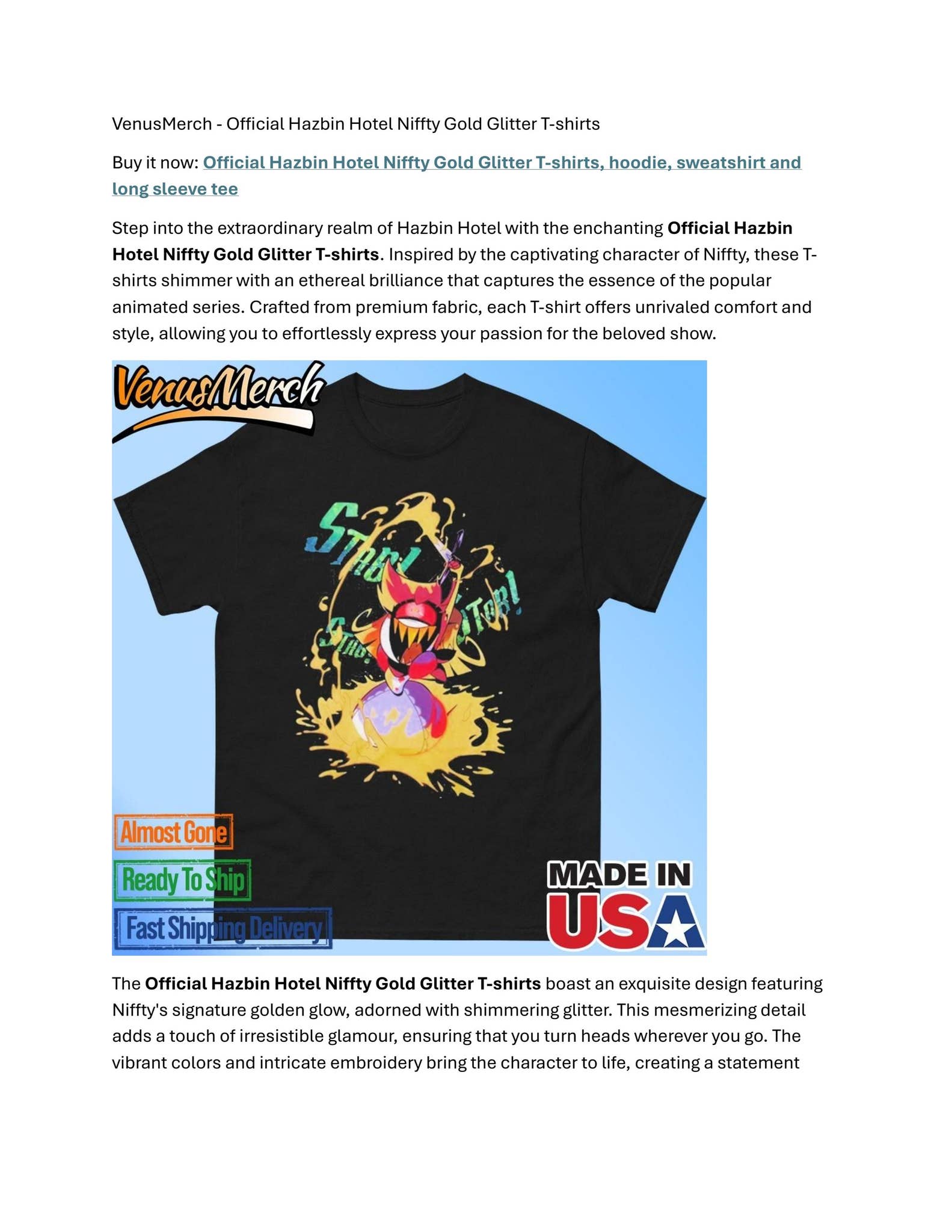 VenusMerch - Official Hazbin Hotel Niffty Gold Glitter T-shirts by ...