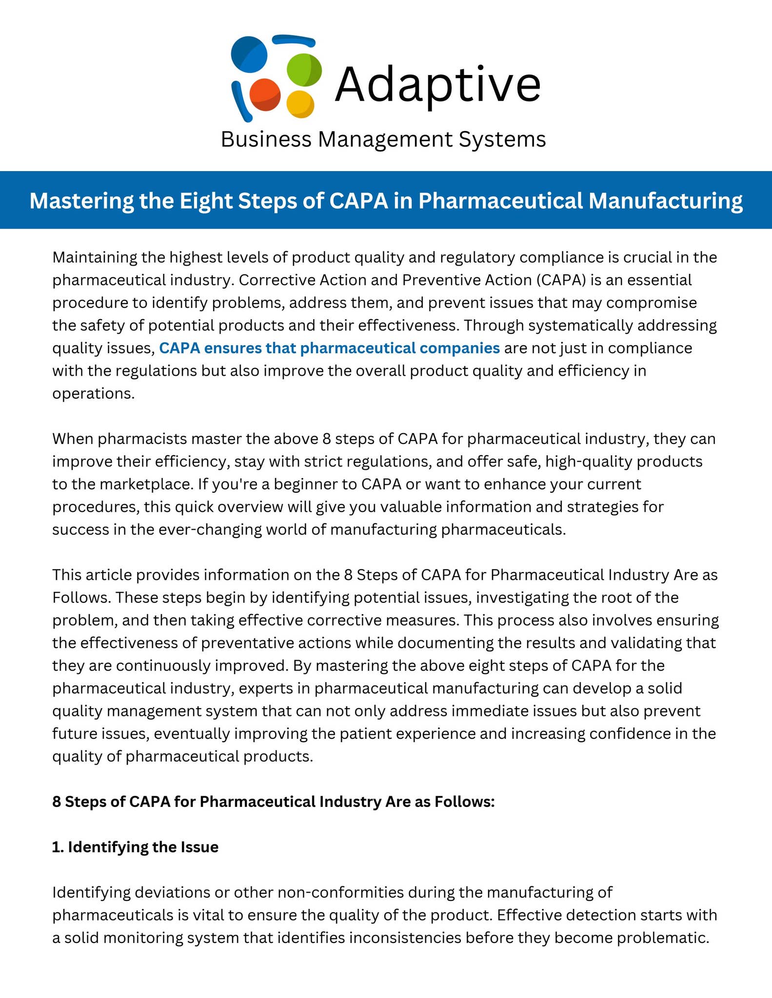 Mastering the Eight Steps of CAPA in Pharmaceutical Manufacturing by ...