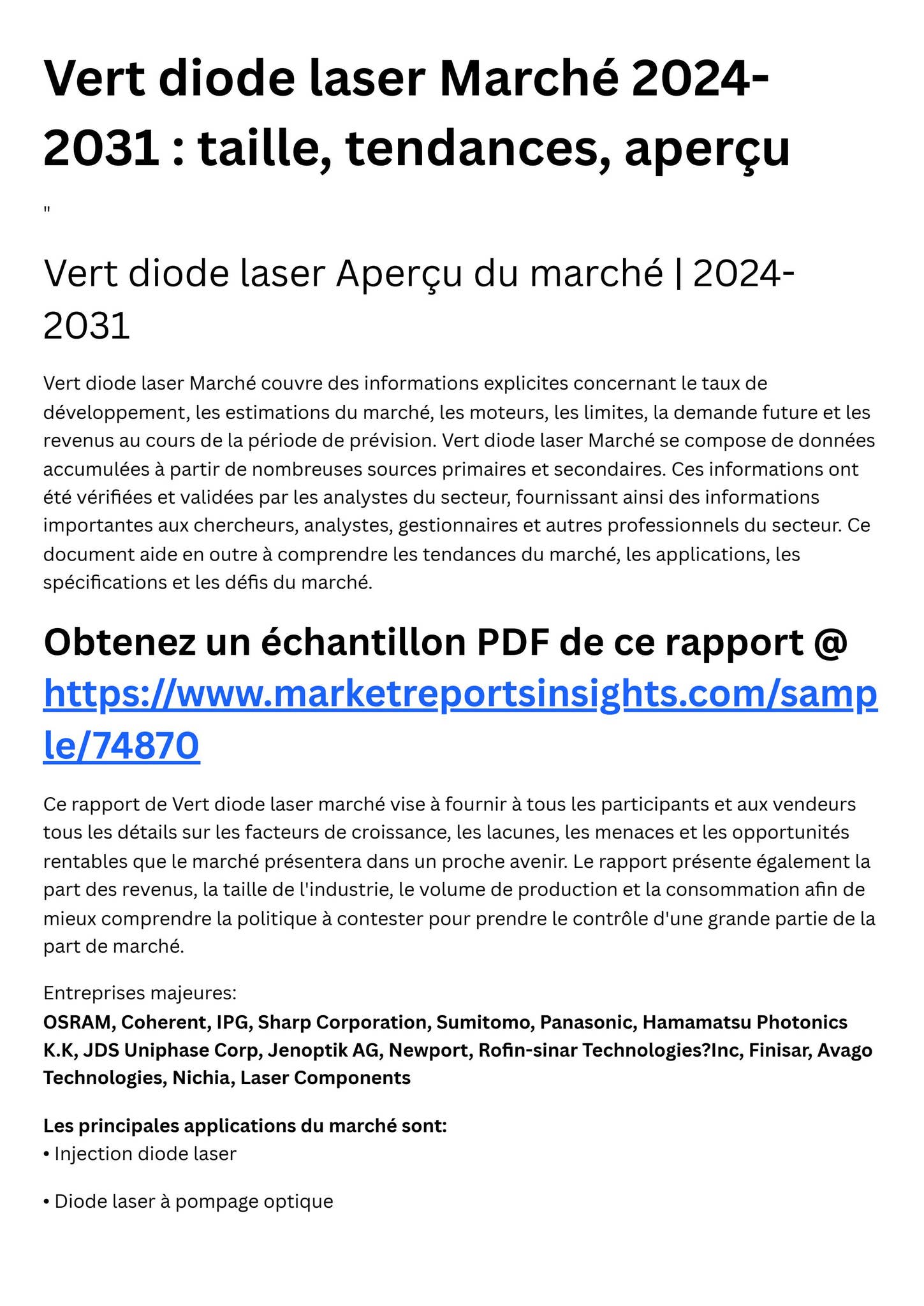 Vert diode laser Marché 2024-2031 taille, tendances, aperçu by ...