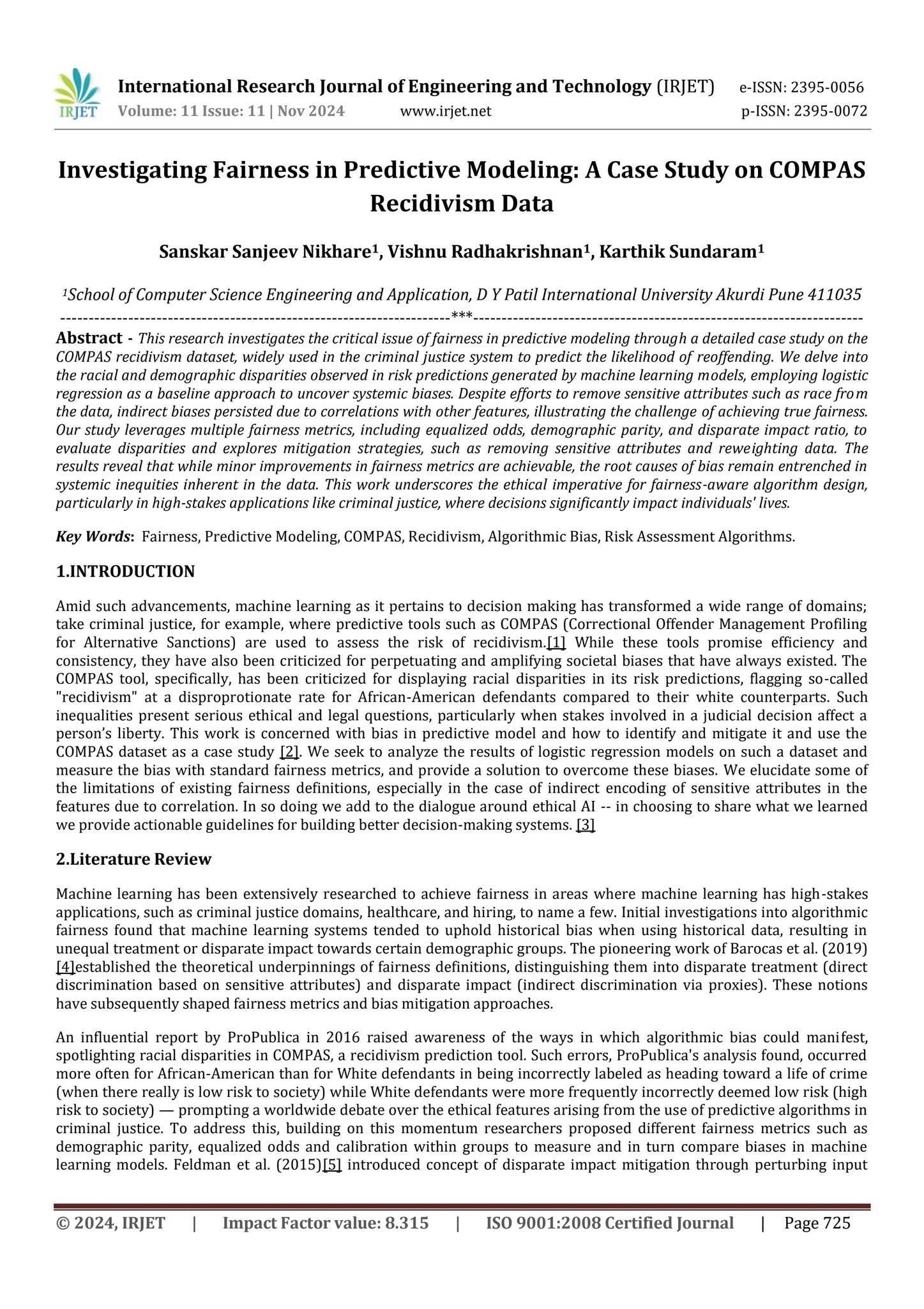 Investigating Fairness in Predictive Modeling: A Case Study on COMPAS ...