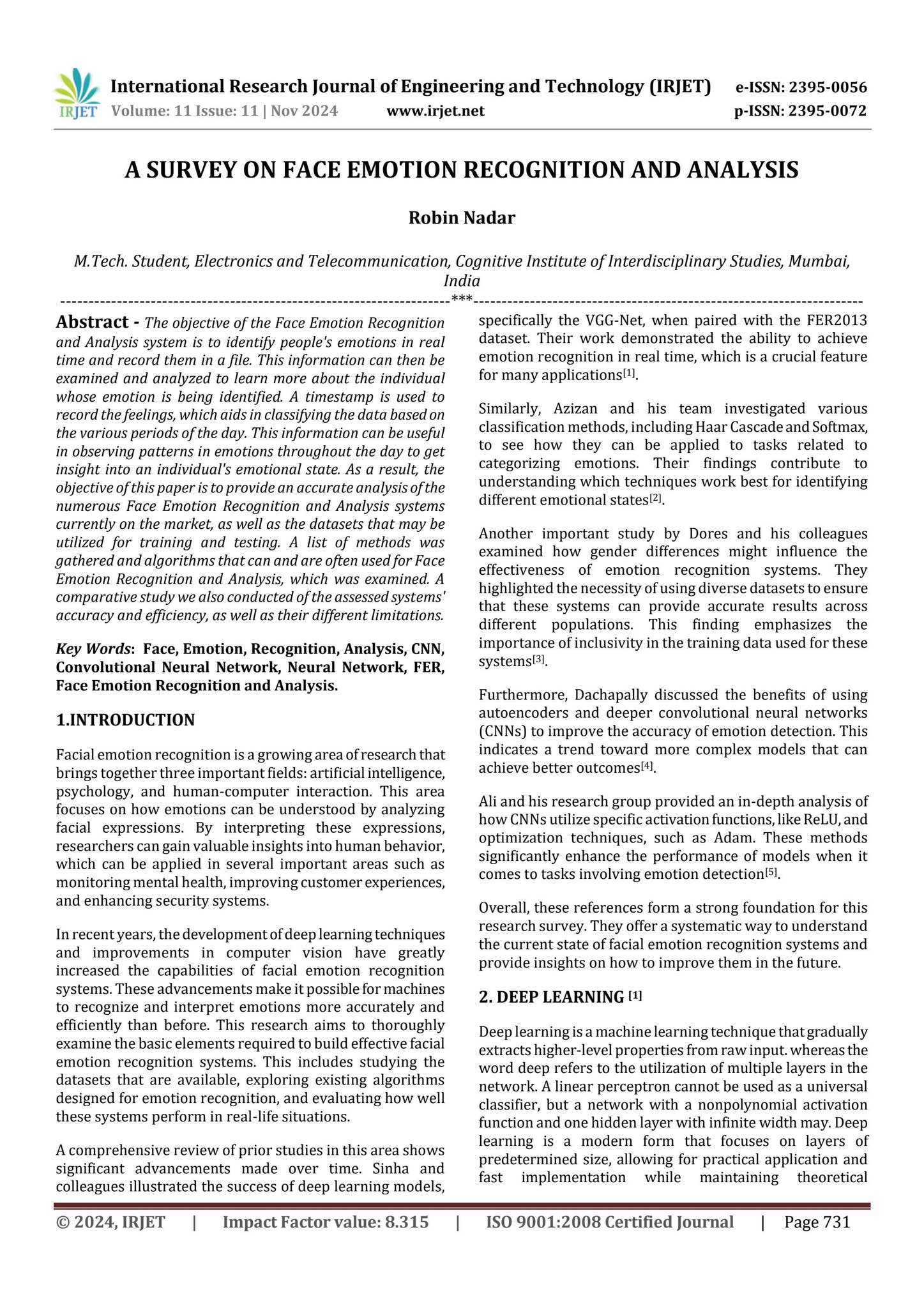 A SURVEY ON FACE EMOTION RECOGNITION AND ANALYSIS by IRJET Journal - Issuu