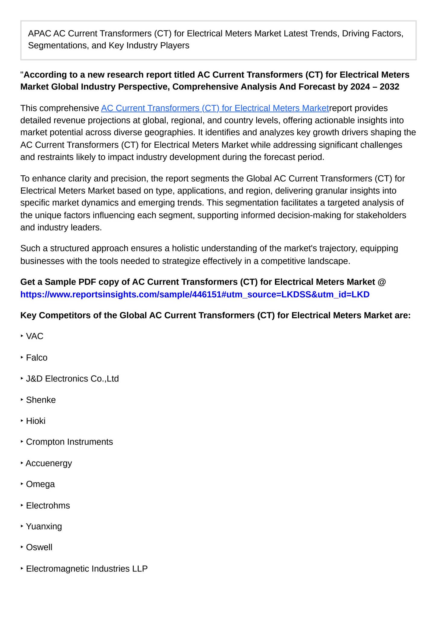 APAC AC Current Transformers (CT) for Electrical Meters Market Latest ...
