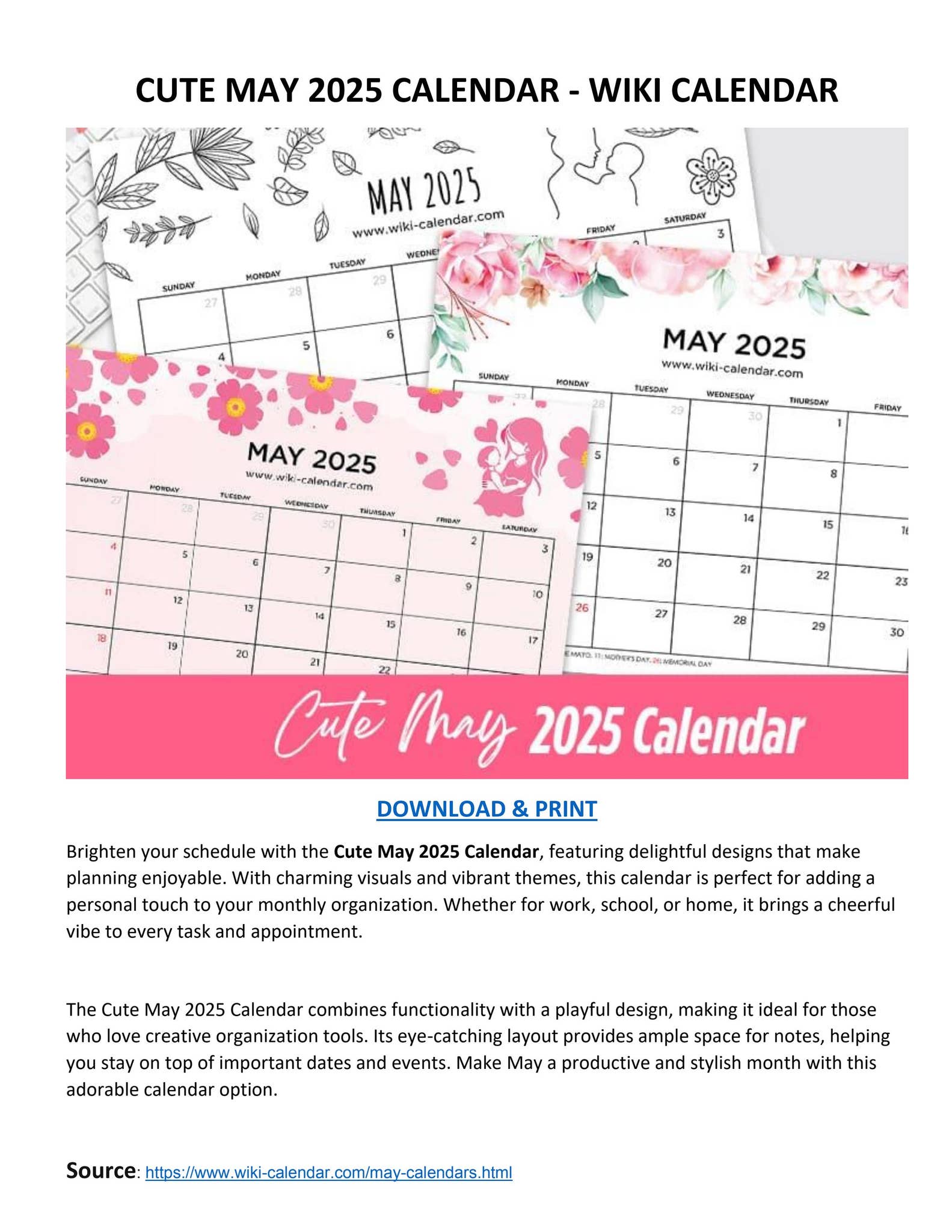 Cute May 2025 Calendar - Wiki Calendar by Wiki Calendar - Issuu