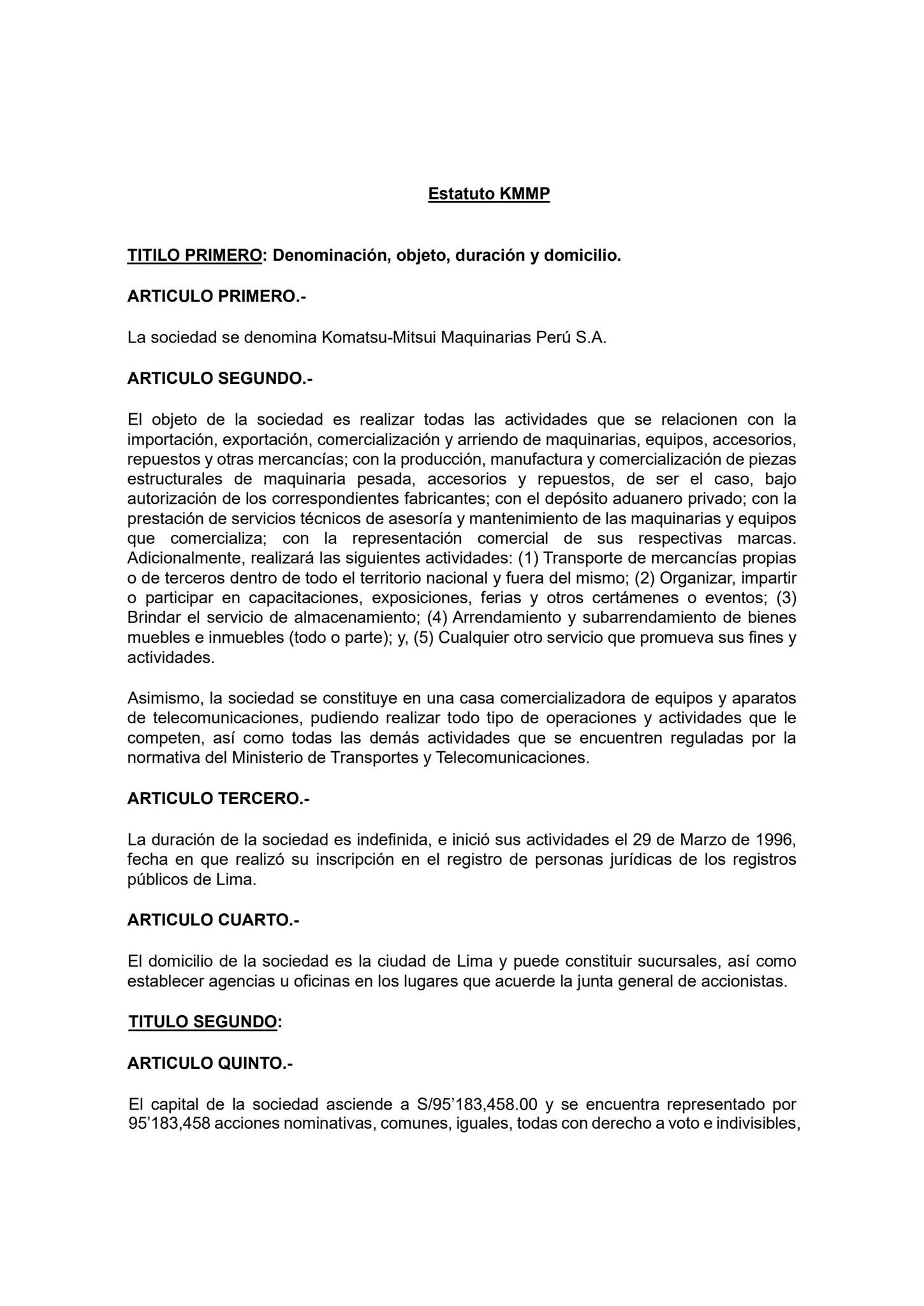 Estatuto KMMP by Komatsu-Mitsui Maquinarias Perú - Issuu