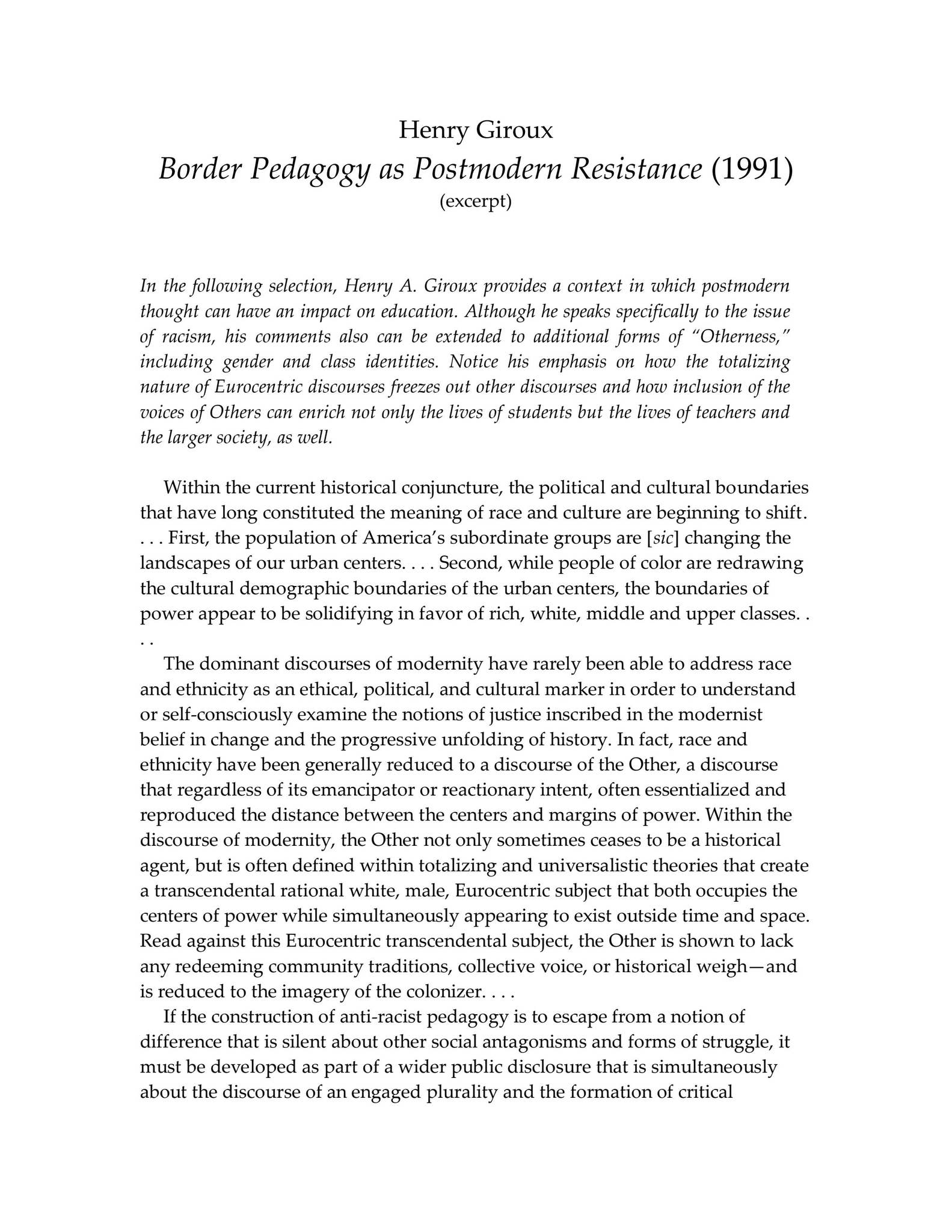 Border Pedagogy as Postmodern Resistance (1991) by demandside - Issuu