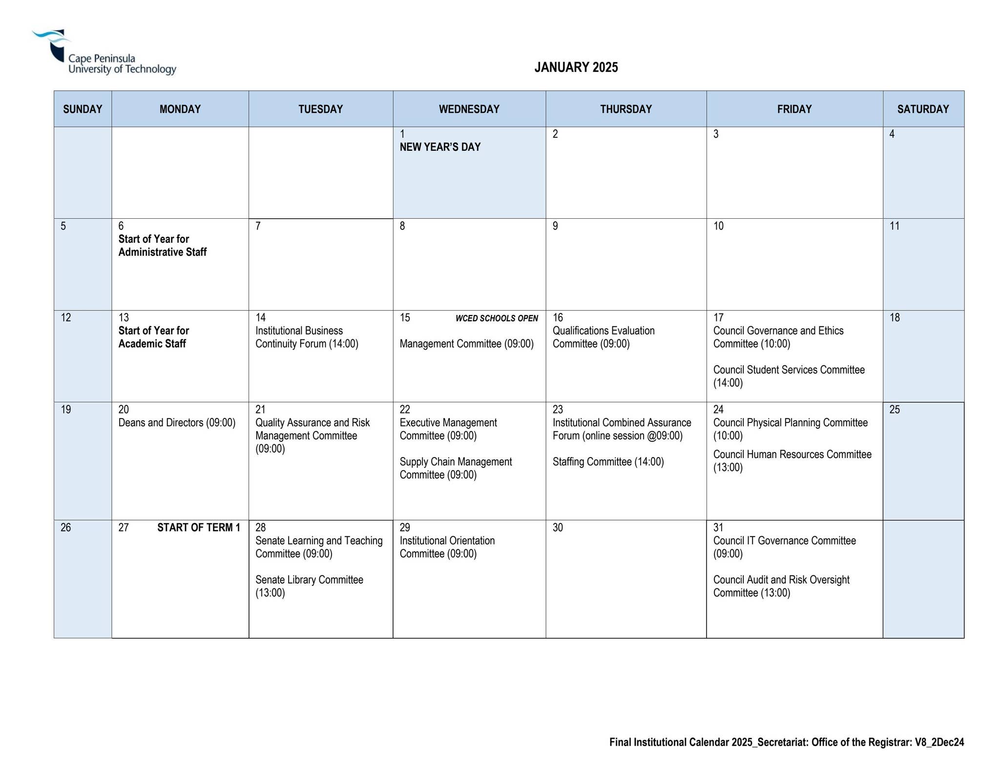 2025 Institutional Calendar by Cape Peninsula University of Technology ...