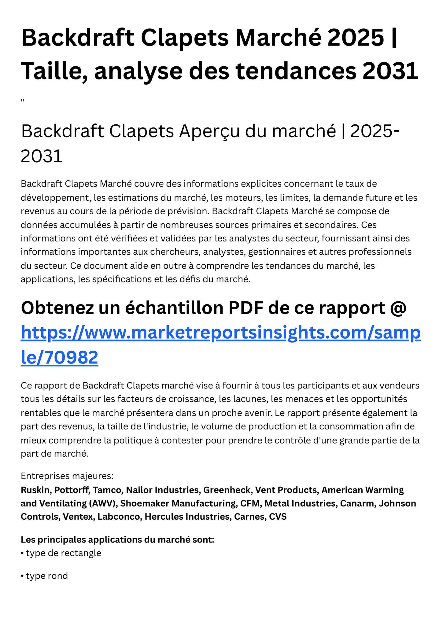 Backdraft Clapets Marché 2025 Taille, analyse des tendances 2031 by ...