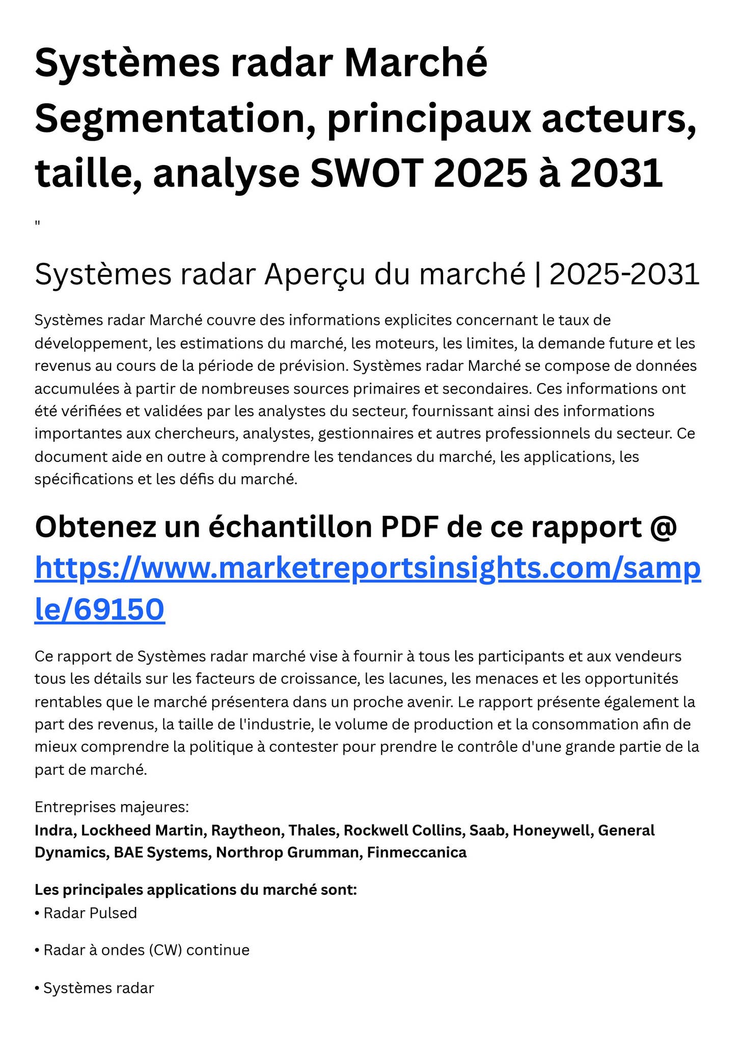 Systèmes radar Marché Segmentation, principaux acteurs, taille, analyse ...