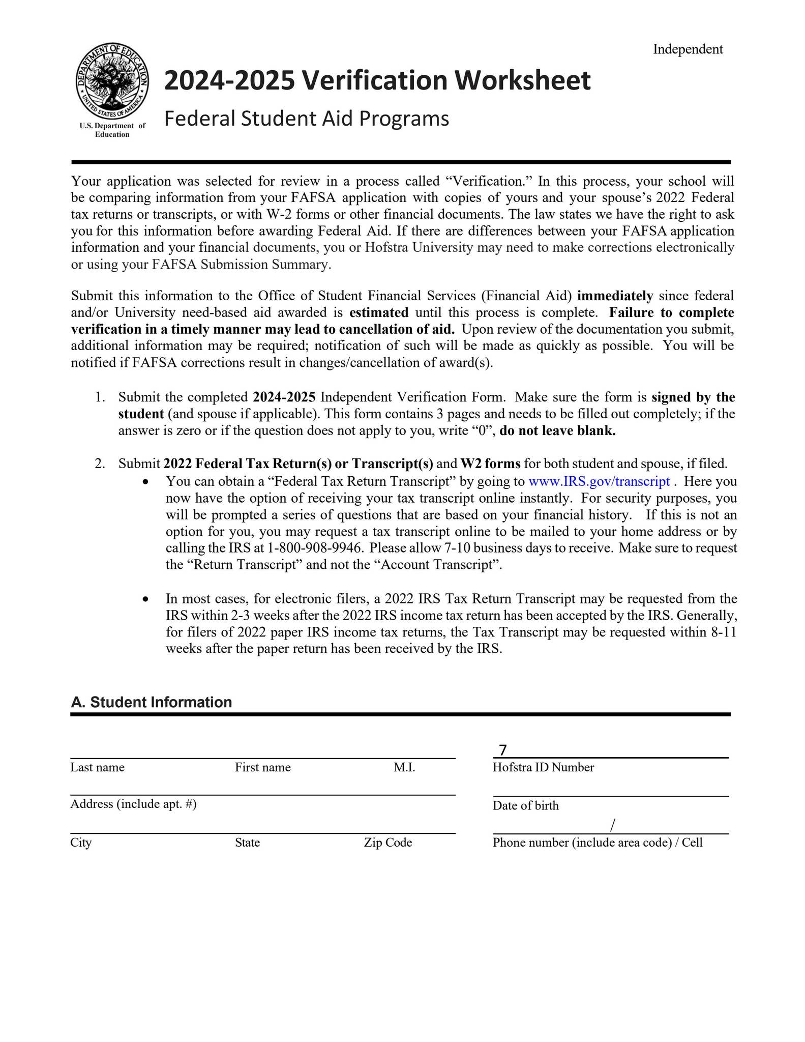 2024-2025 Verification Worksheet Independant by Hofstra University - Issuu