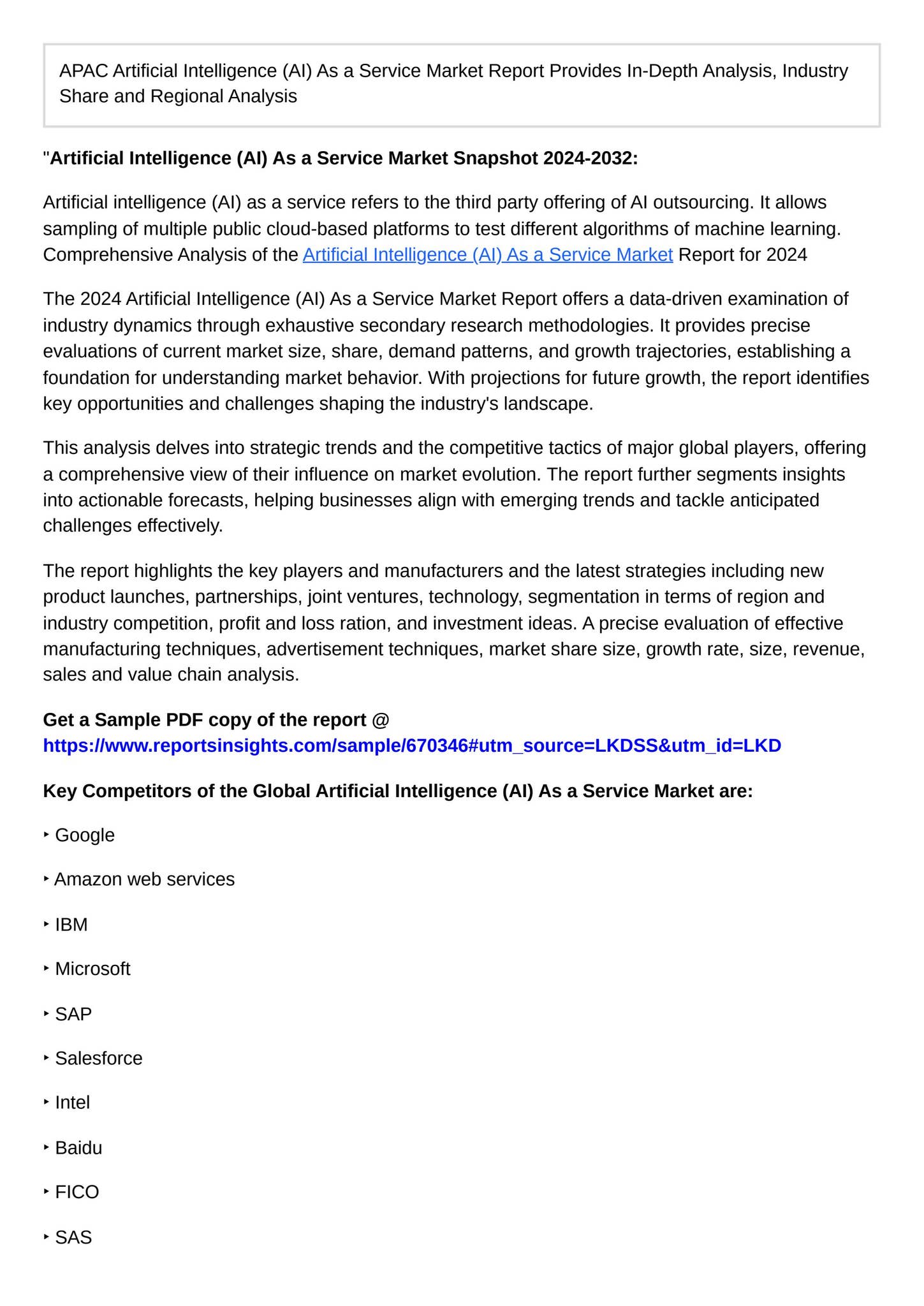 APAC Artificial Intelligence (AI) As a Service Market Report Provides ...