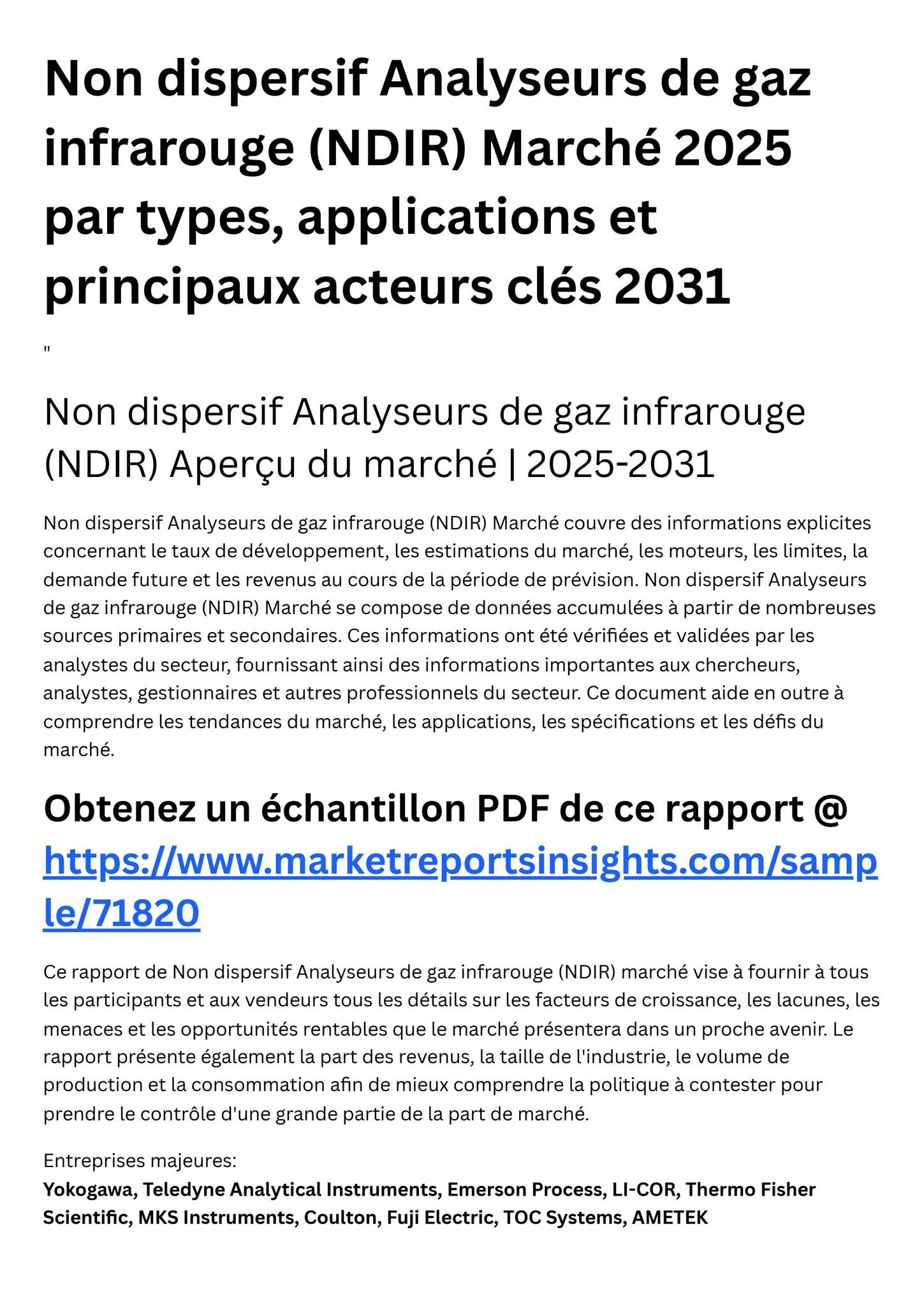 Non dispersif Analyseurs de gaz infrarouge (NDIR) Marché 2025 par types, applications et ...