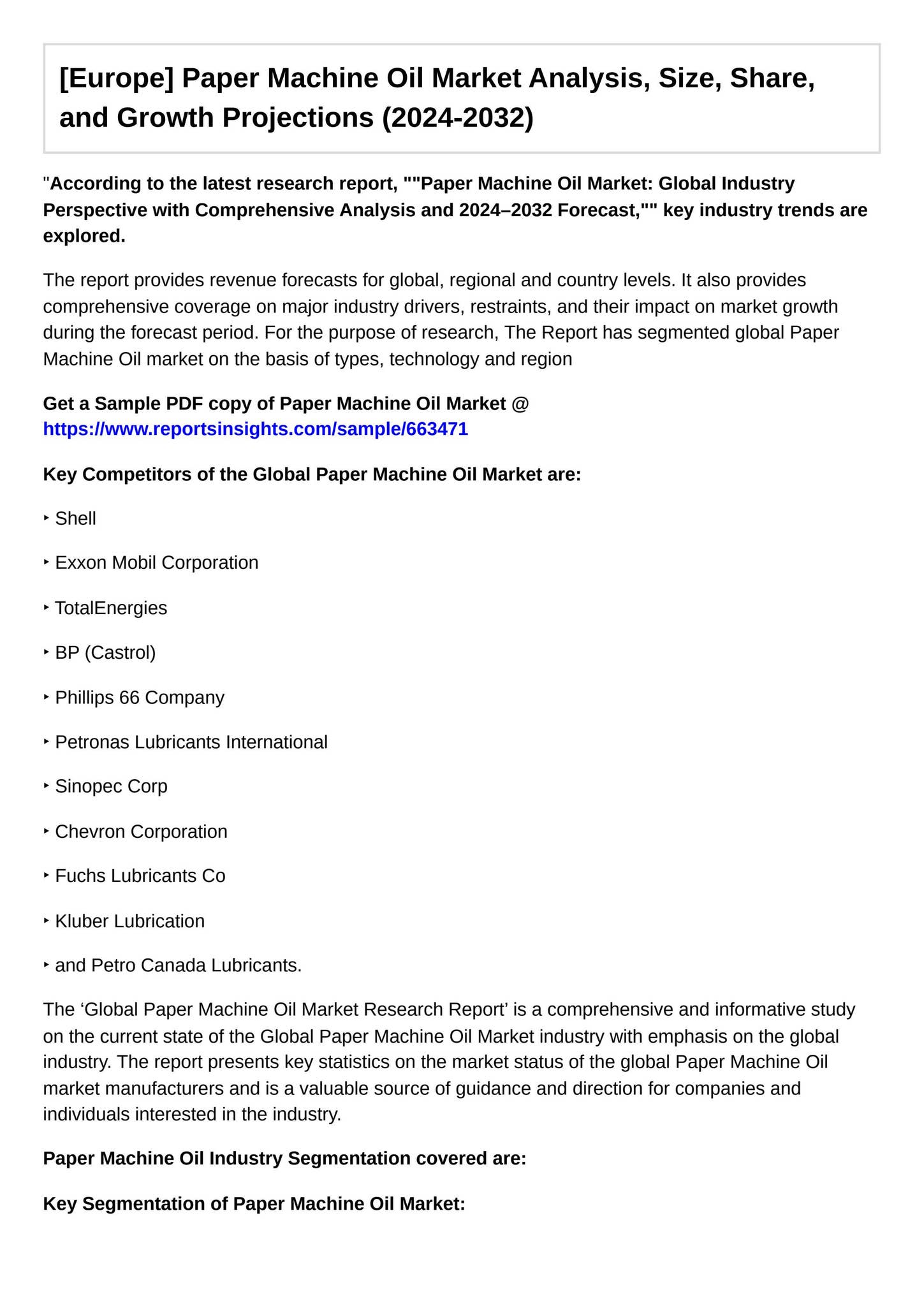 [Europe] Paper Machine Oil Market Analysis, Size, Share, and Growth ...