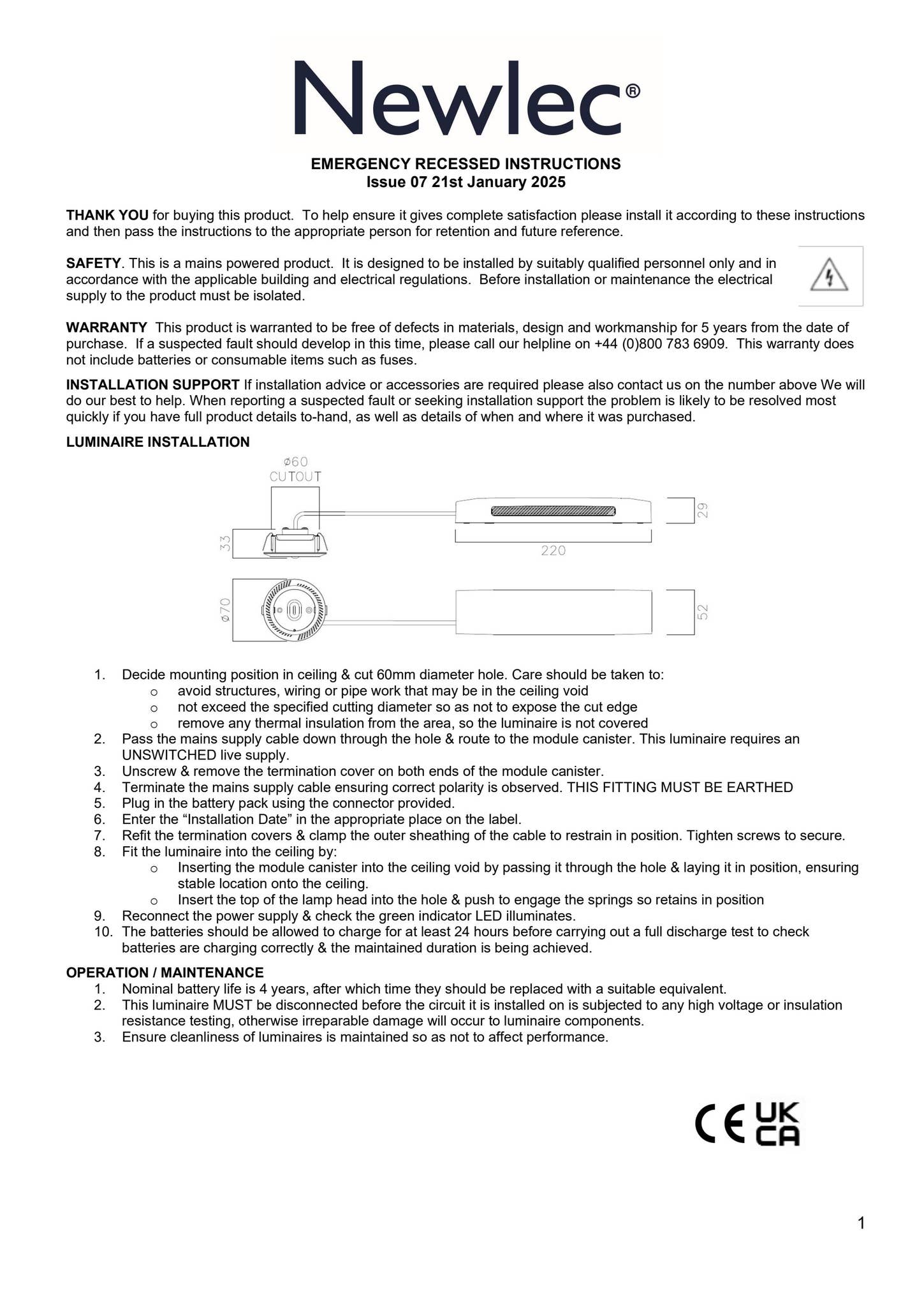 Instruction Leaflet - NEWLEC Emergency Recessed - Issue 07 21st January ...