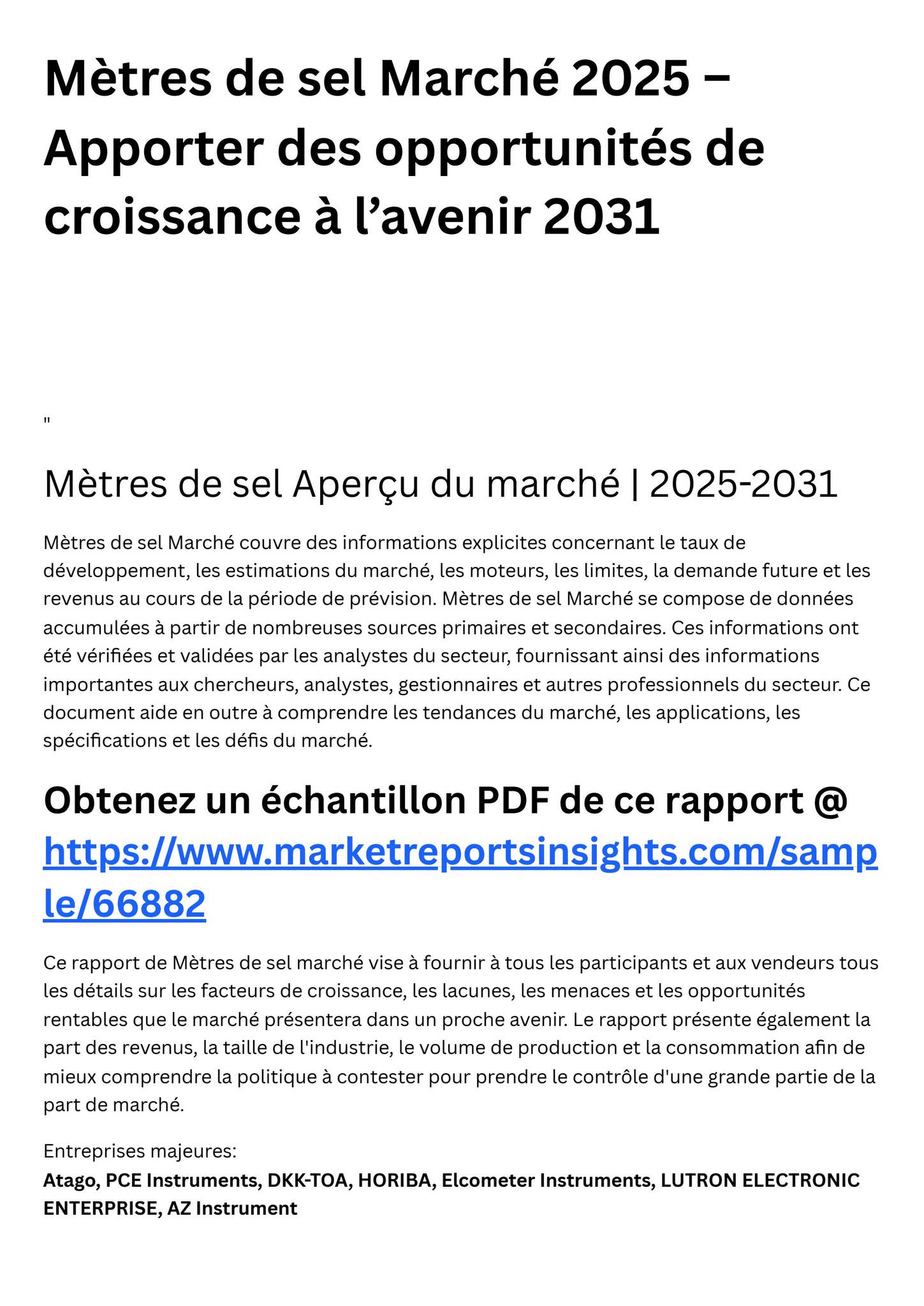 Mètres de sel Marché 2025 – Apporter des opportunités de croissance à l’avenir 2031 by ...
