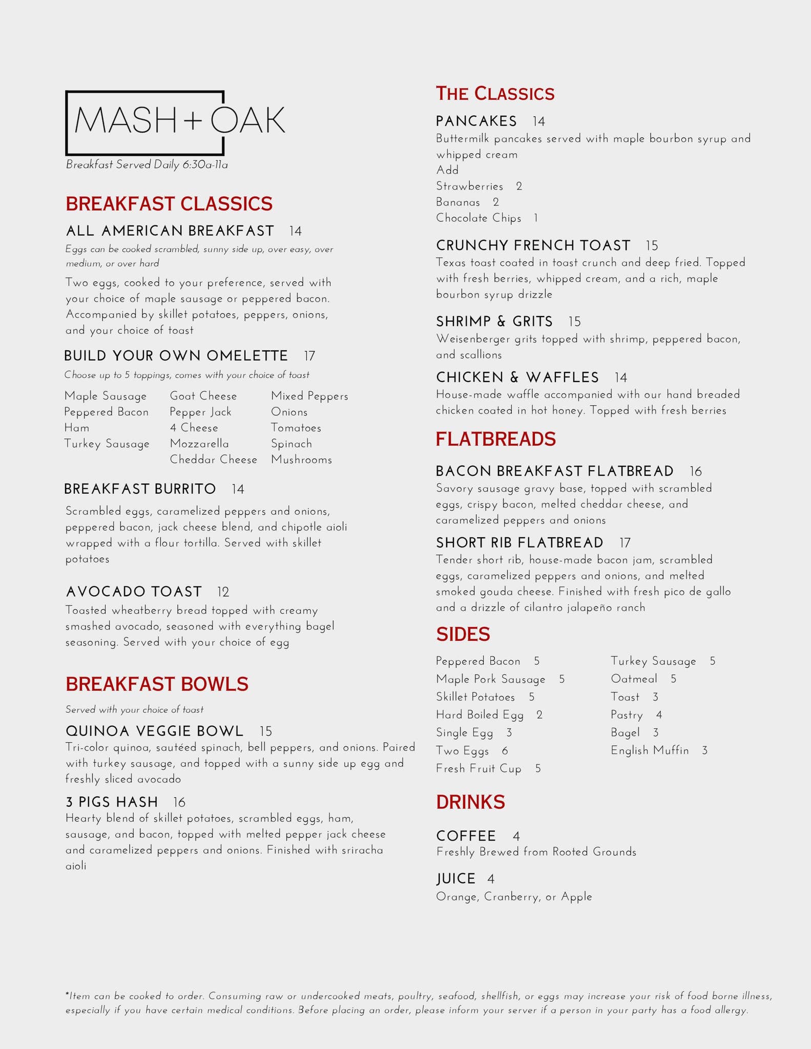 Mash and Oak inside Cincinnati Marriott at RiverCenter Breakfast Menu ...