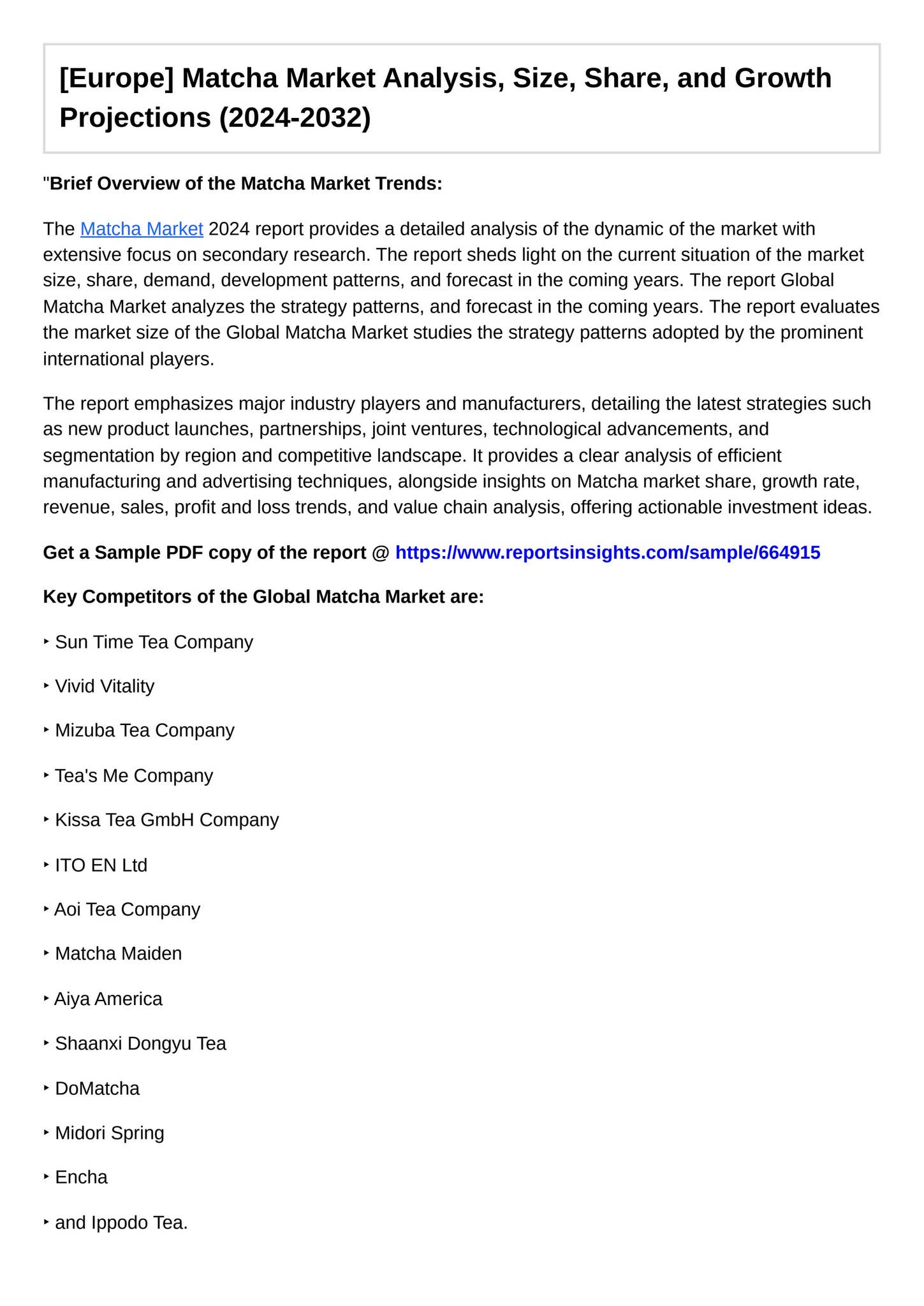 [Europe] Matcha Market Analysis, Size, Share, and Growth Projections ...