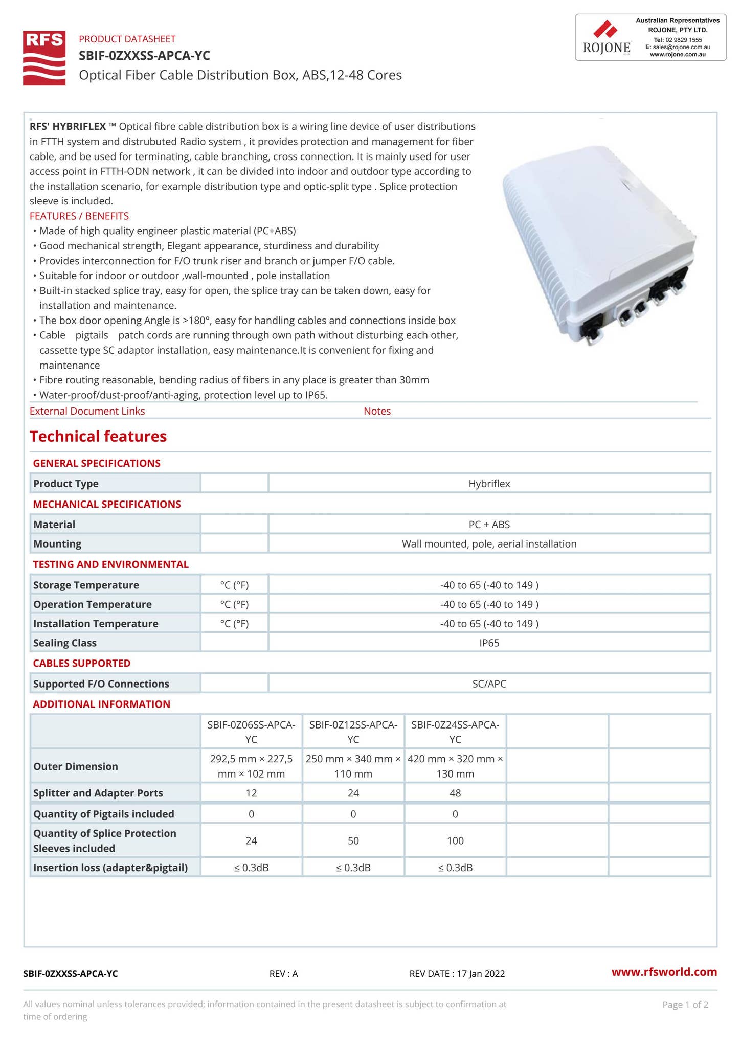 SBIF-0ZXXSS-APCA-YC | RFS | Optical Fiber Cable Distribution Box, ABS ...