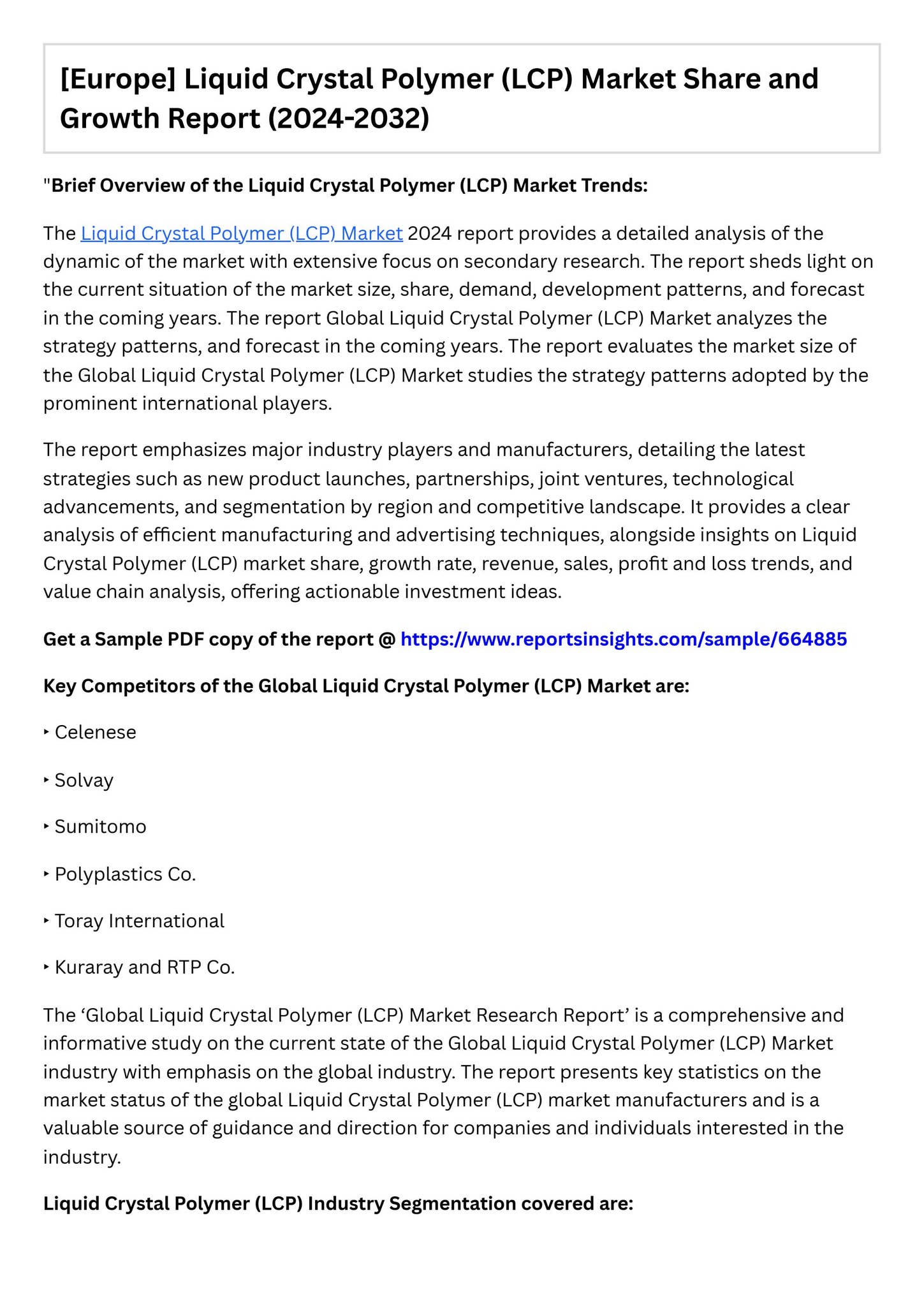 [Europe] Liquid Crystal Polymer (LCP) Market Share and Growth Report ...