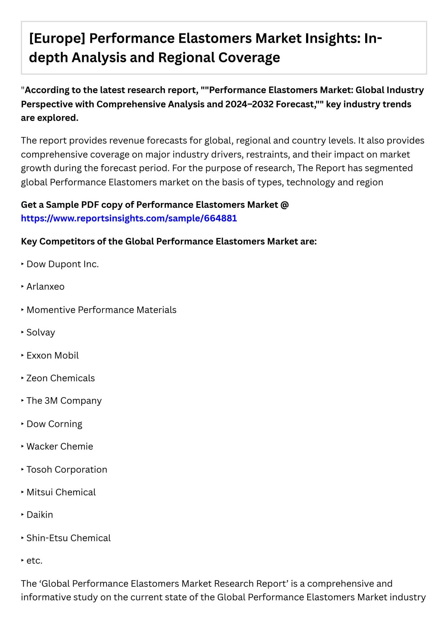 [Europe] Performance Elastomers Market Insights: In-depth Analysis and ...