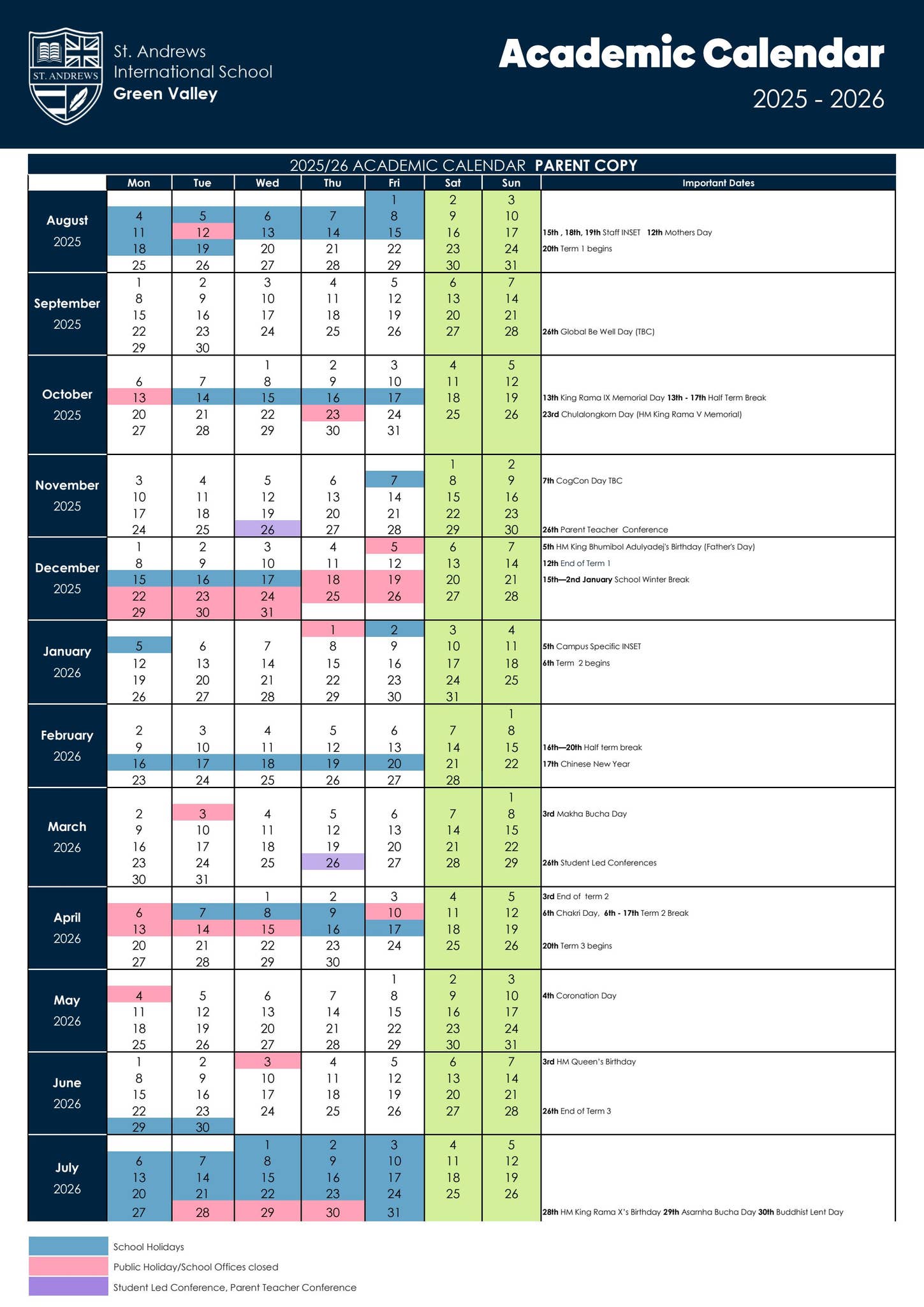 25-26 Academic Calendar by St Andrews International School, Green ...