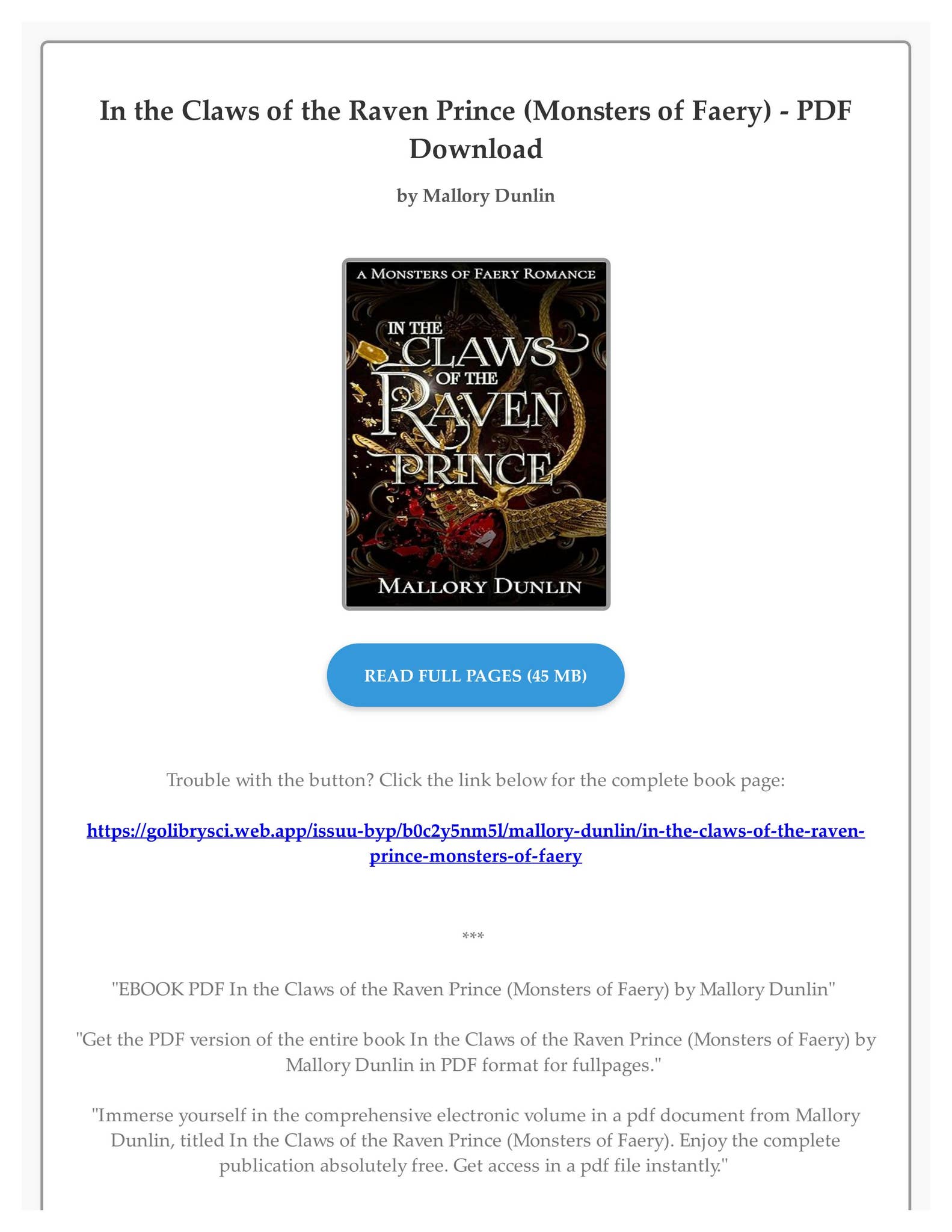 EBOOK PDF In the Claws of the Raven Prince (Monsters of Faery) by ...