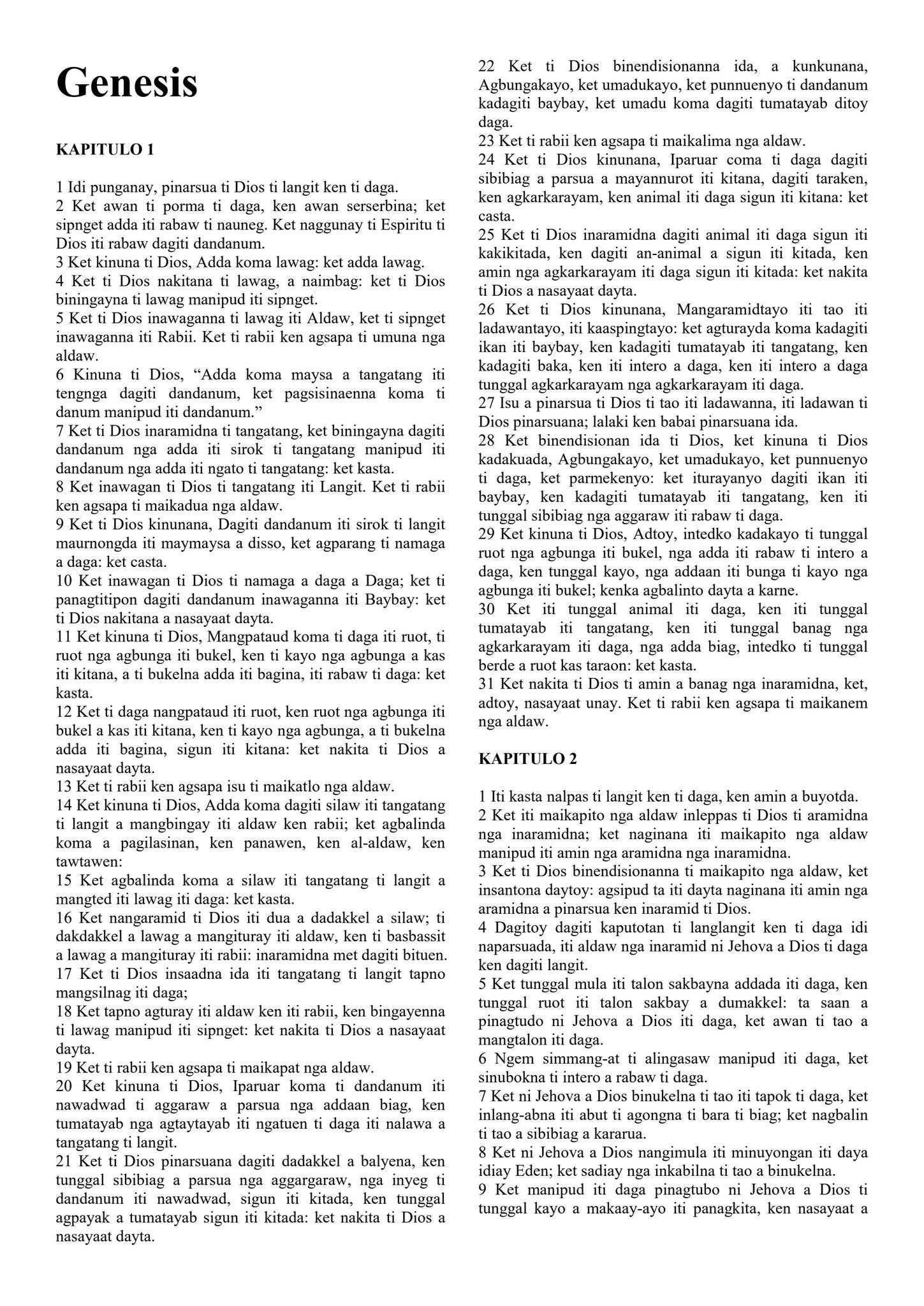 Ilocano - The Book of Genesis by Filipino Tracts and Literature Society ...